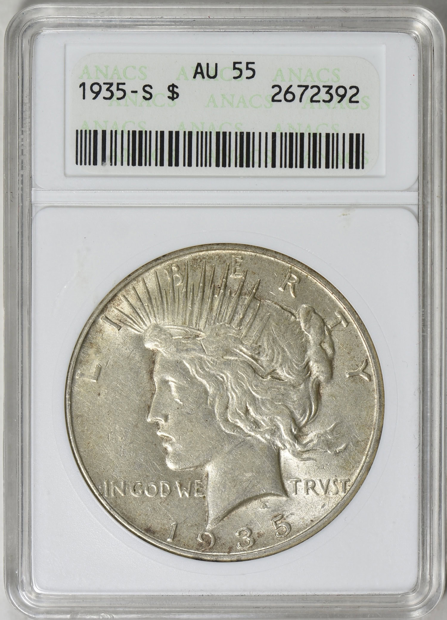 1935-S Peace Silver Dollar ANACS AU-55 OH (Item 1783571) | GreatCollections Coin Auctions