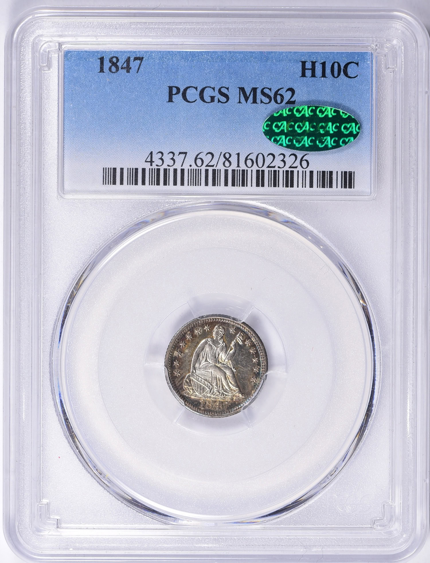1847 Seated Liberty Half Dime PCGS MS-62 (CAC Green) (Toned) (Item 1783619) | GreatCollections ...