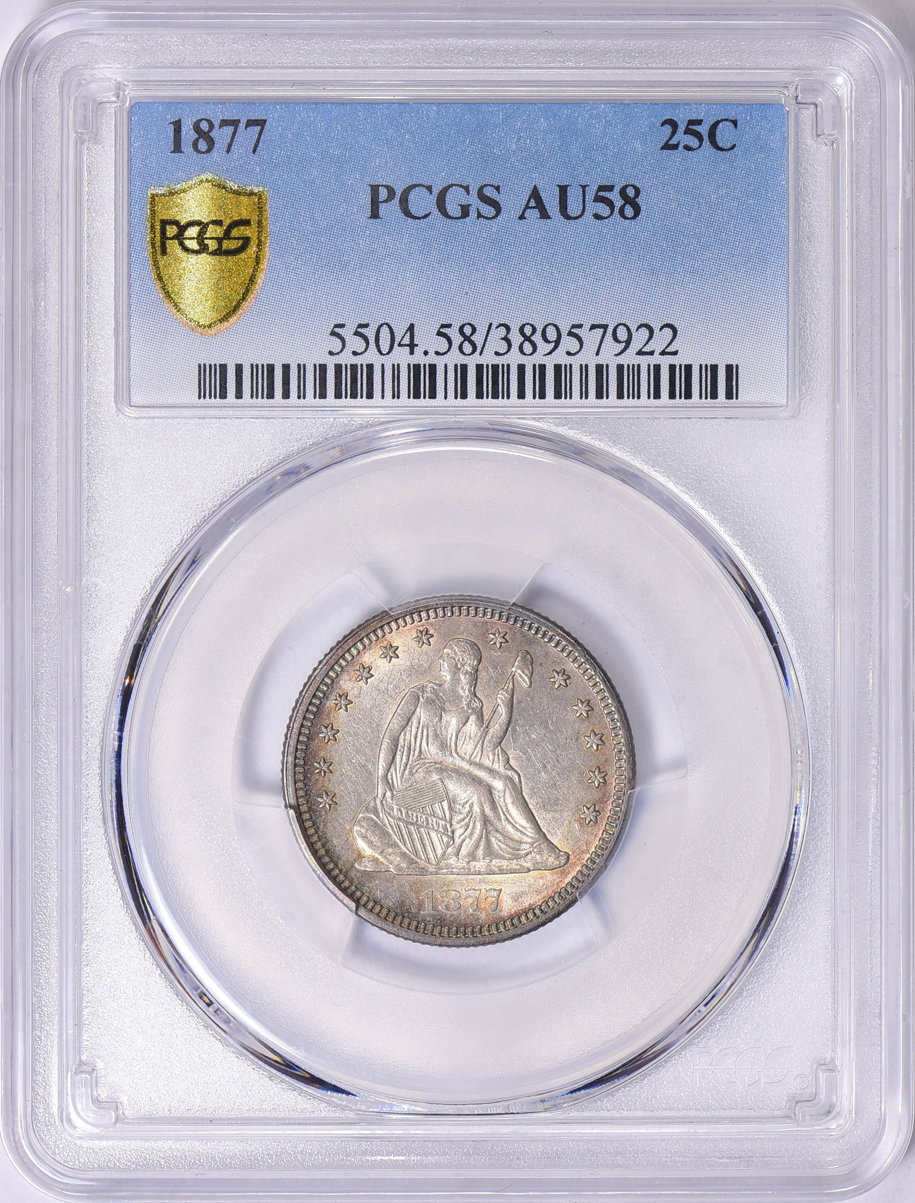 1877 Seated Liberty Quarter PCGS AU-58 (Toned) (Item 1783623) | GreatCollections Coin Auctions
