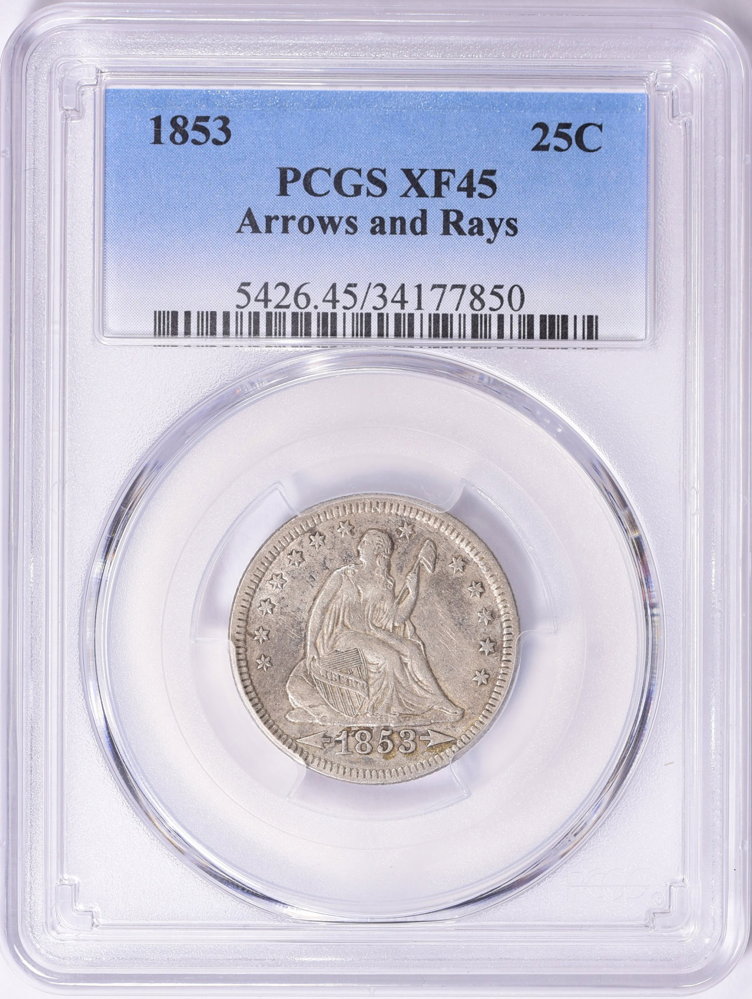 1853 Seated Liberty Quarter Arrows and Rays PCGS XF-45 (Item 1783624) | GreatCollections Coin ...