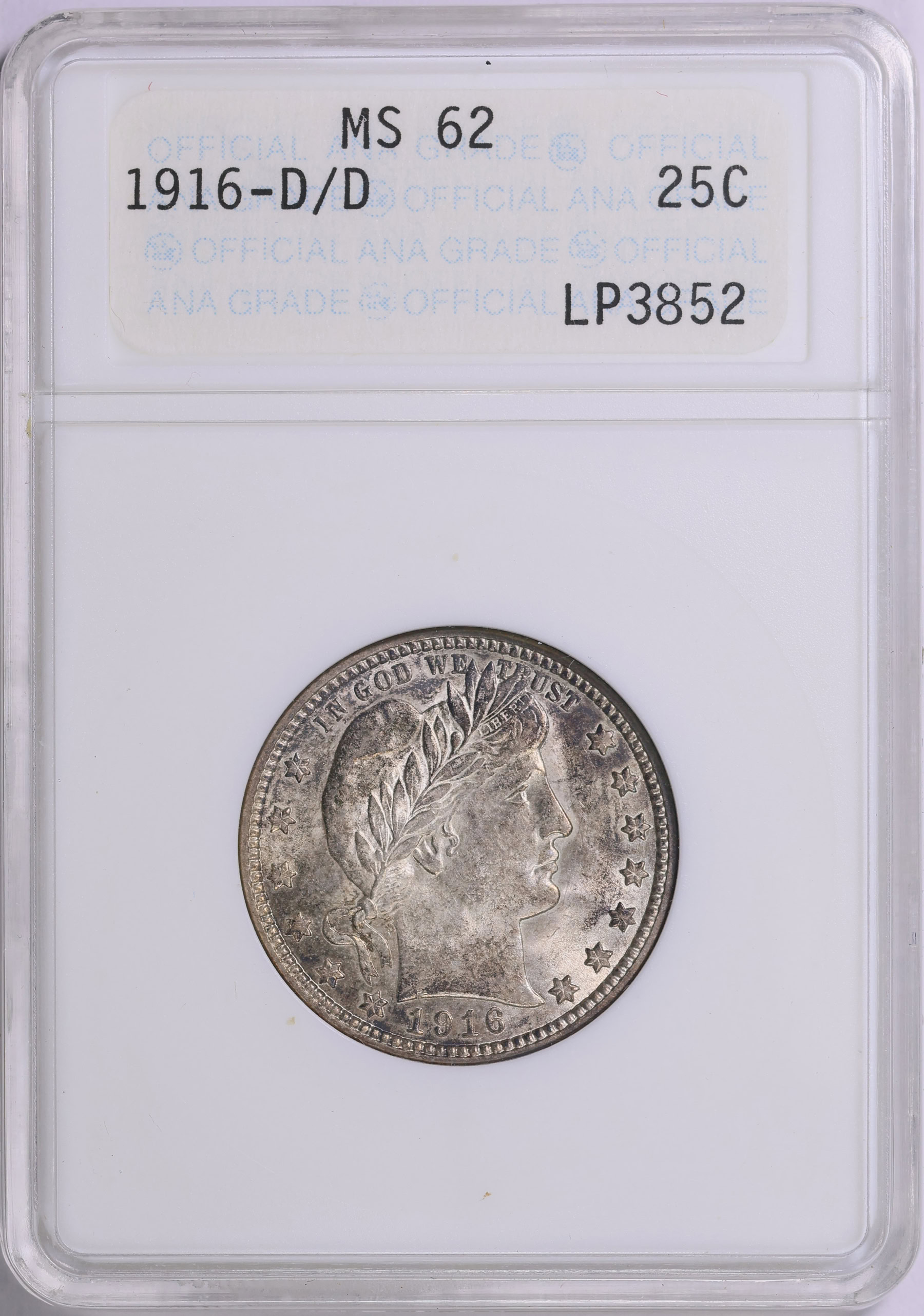 1916-D/D Barber Quarter ANACS MS-62 OH (Item 1783629) | GreatCollections Coin Auctions