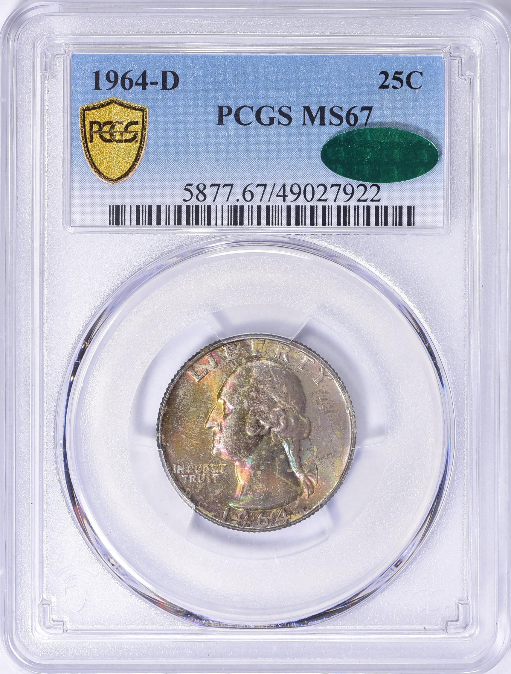 1964-D Washington Quarter PCGS MS-67 (CAC Green) (Toned) (Item 1783652) | GreatCollections Coin ...