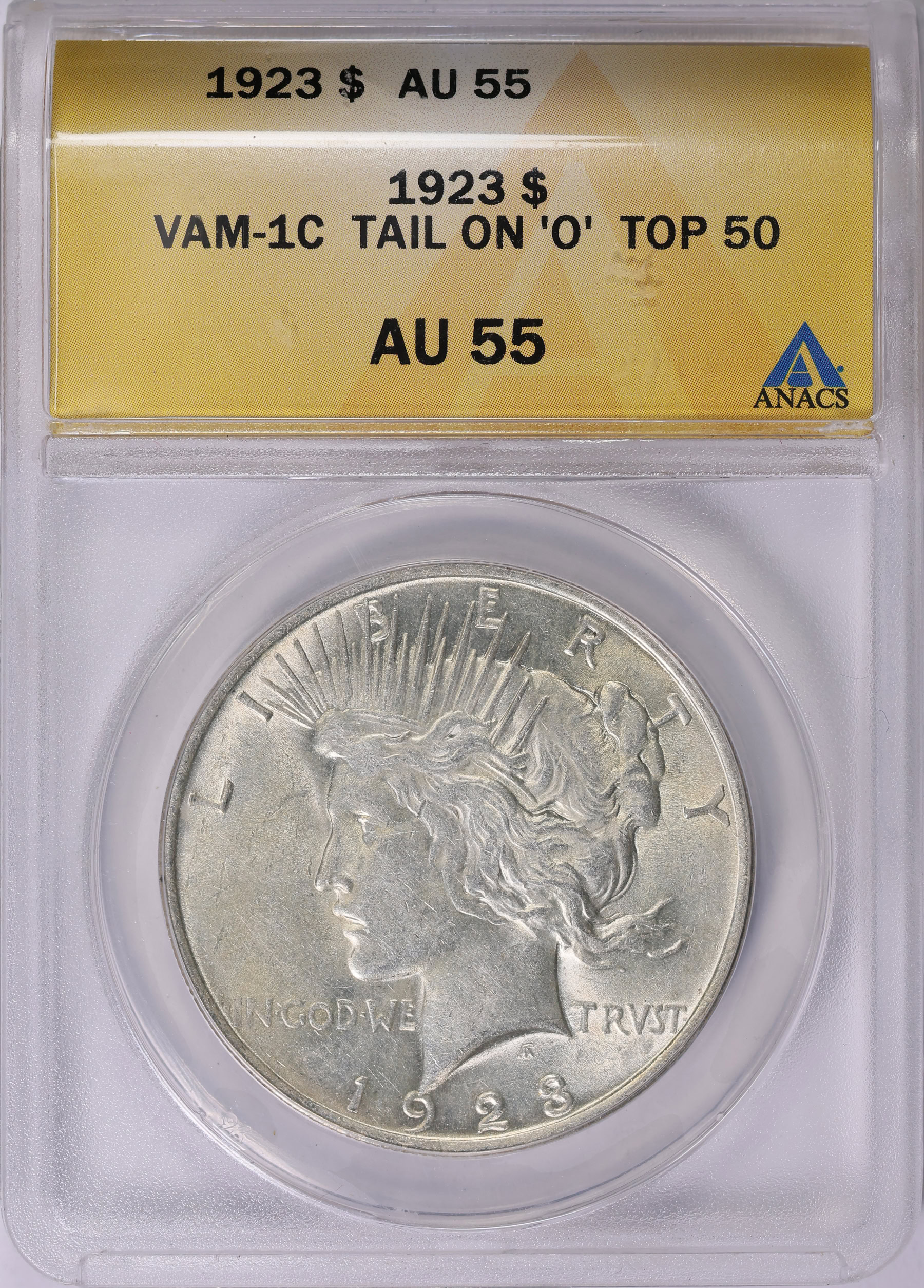 1923 Peace Silver Dollar Tail on O VAM-1C Top 50 ANACS AU-55 (Item 1783762) | GreatCollections ...