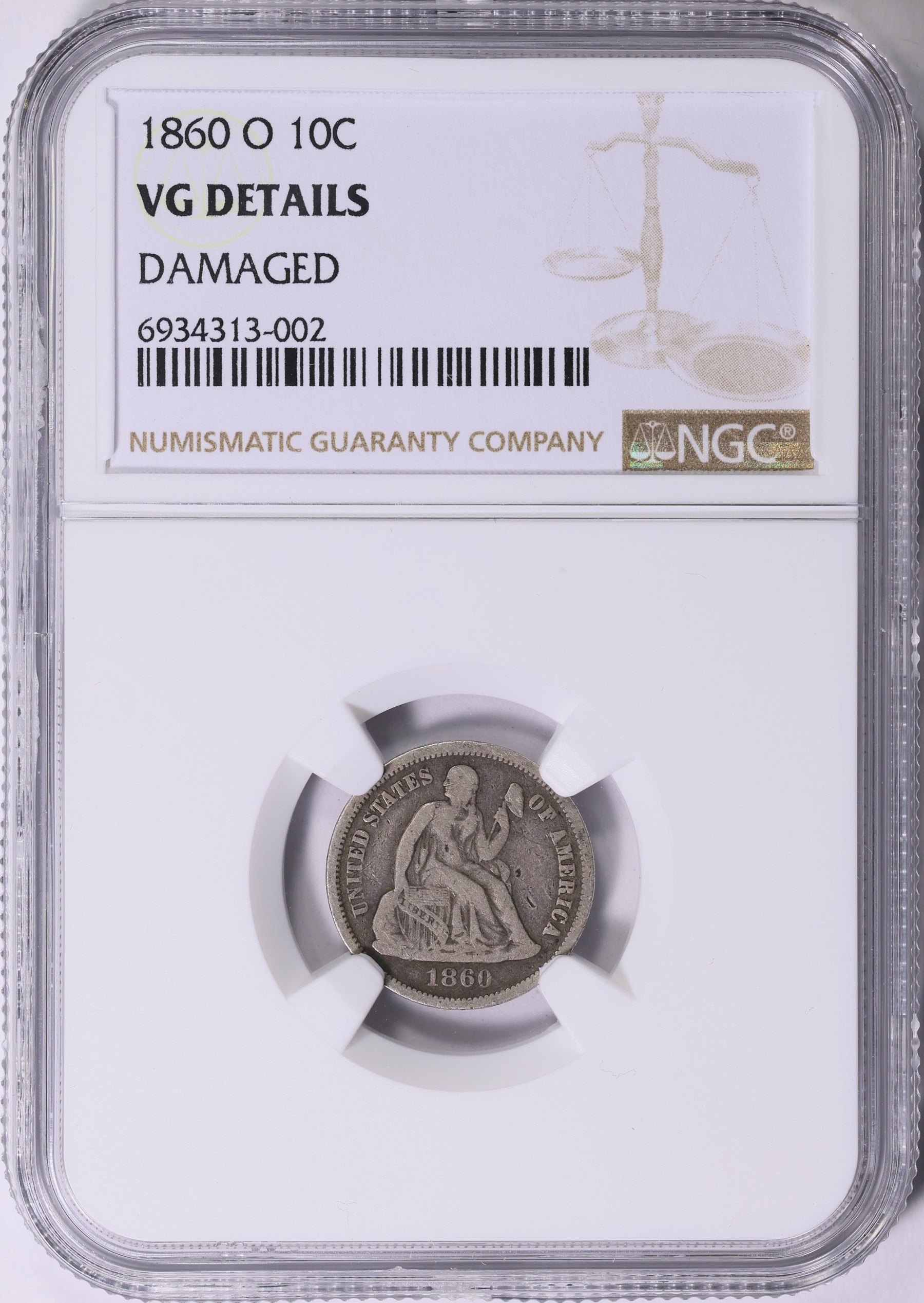 1860-O Seated Liberty Dime NGC VG Details (Item 1783809) | GreatCollections Coin Auctions