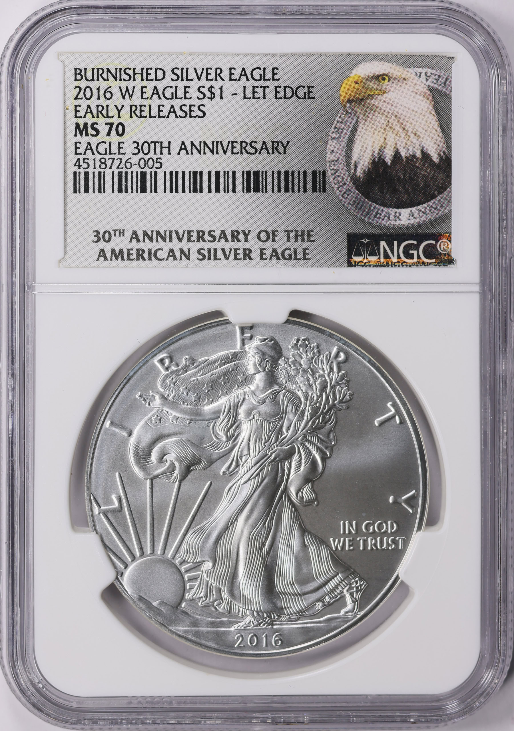 2016-W $1 Silver Eagle Burnished Lettered Edge Early Releases NGC MS-70 (Eagle Label) (Item ...