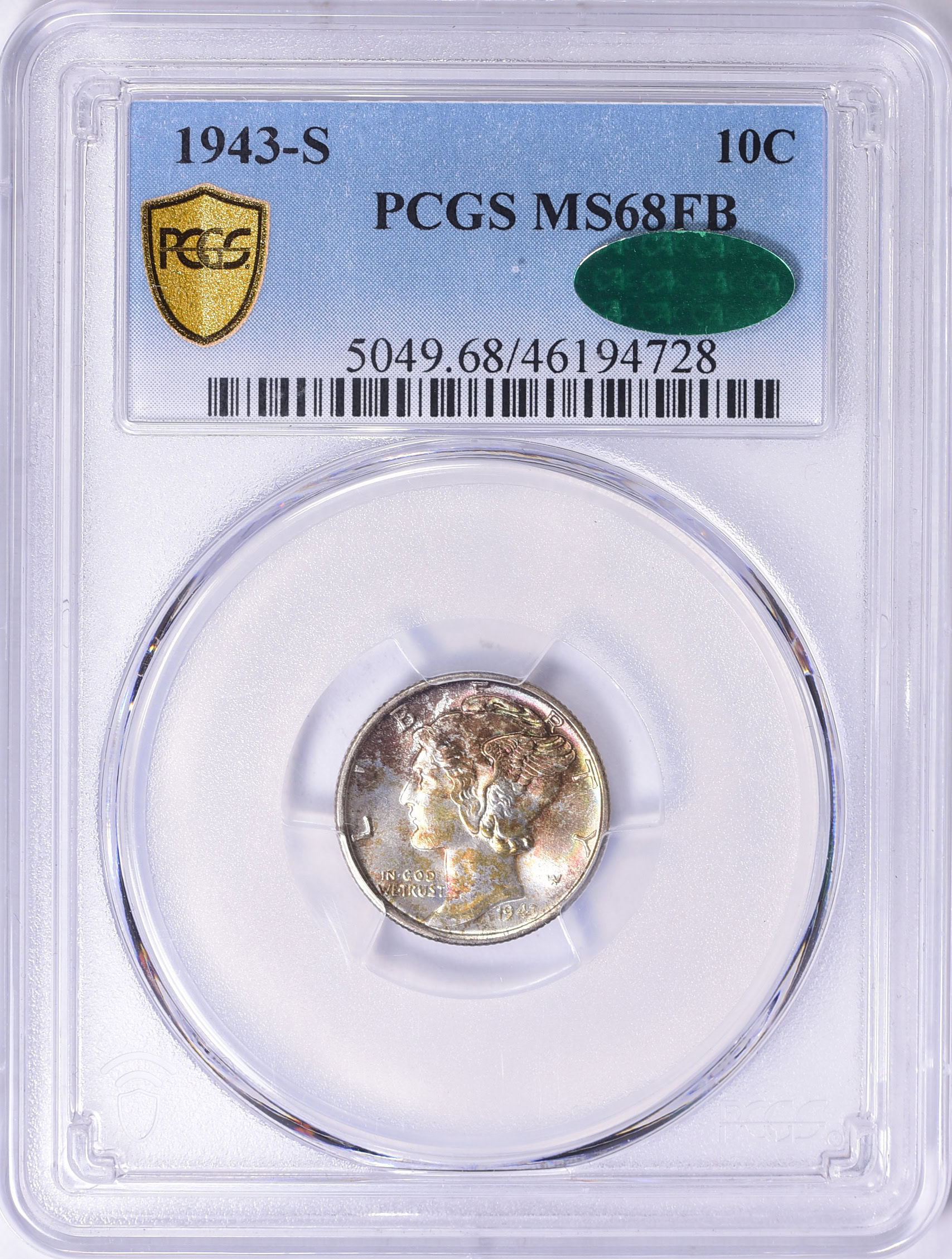 1943-S Mercury Dime PCGS MS-68 FB (CAC Green) (Toned) (Item 1783907) | GreatCollections Coin ...