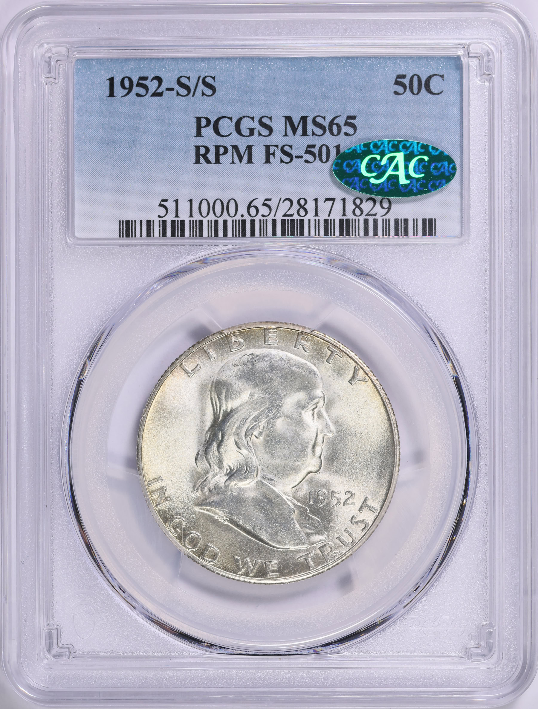 1952-S/S Franklin Half Dollar Repunched Mintmark FS-501 PCGS MS-65 (CAC Green) (Item 1784061 ...