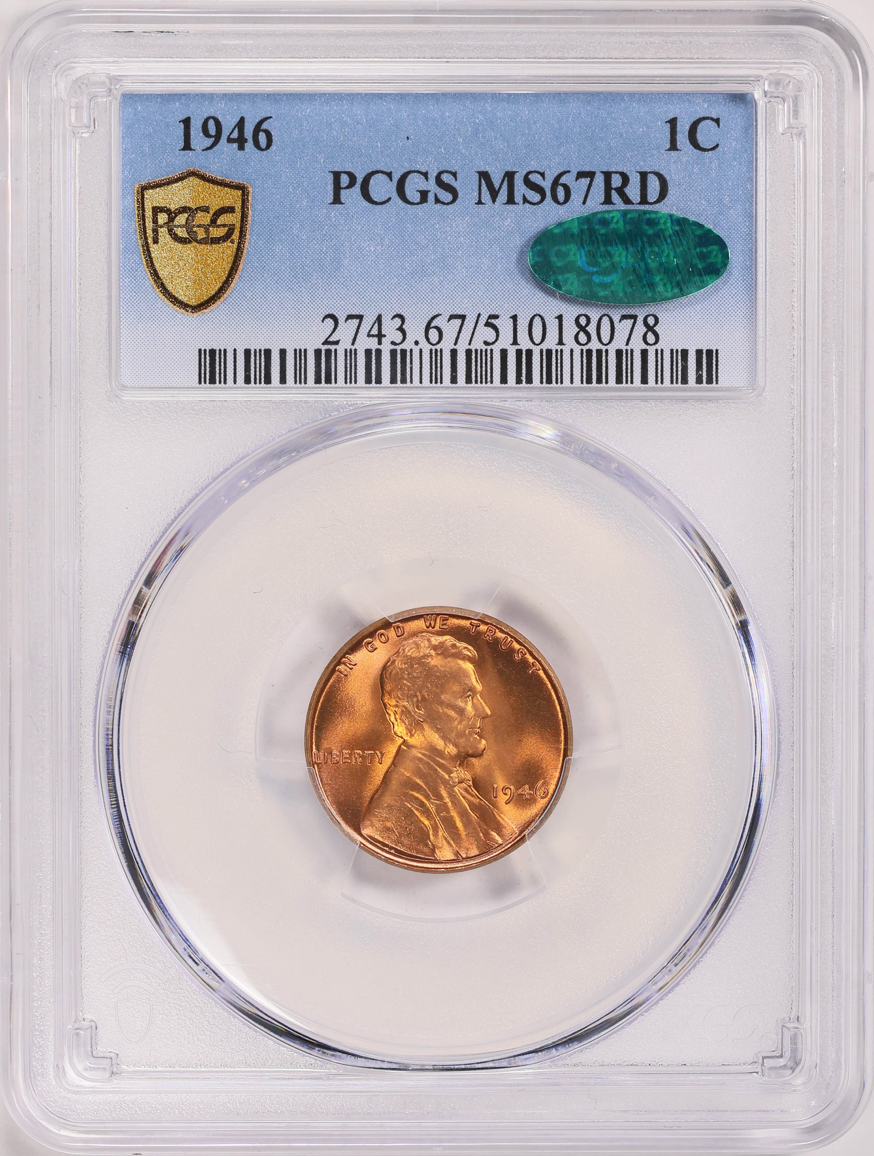 1946 Lincoln Cent PCGS MS-67 RD (CAC Green) (Item 1784096) | GreatCollections Coin Auctions
