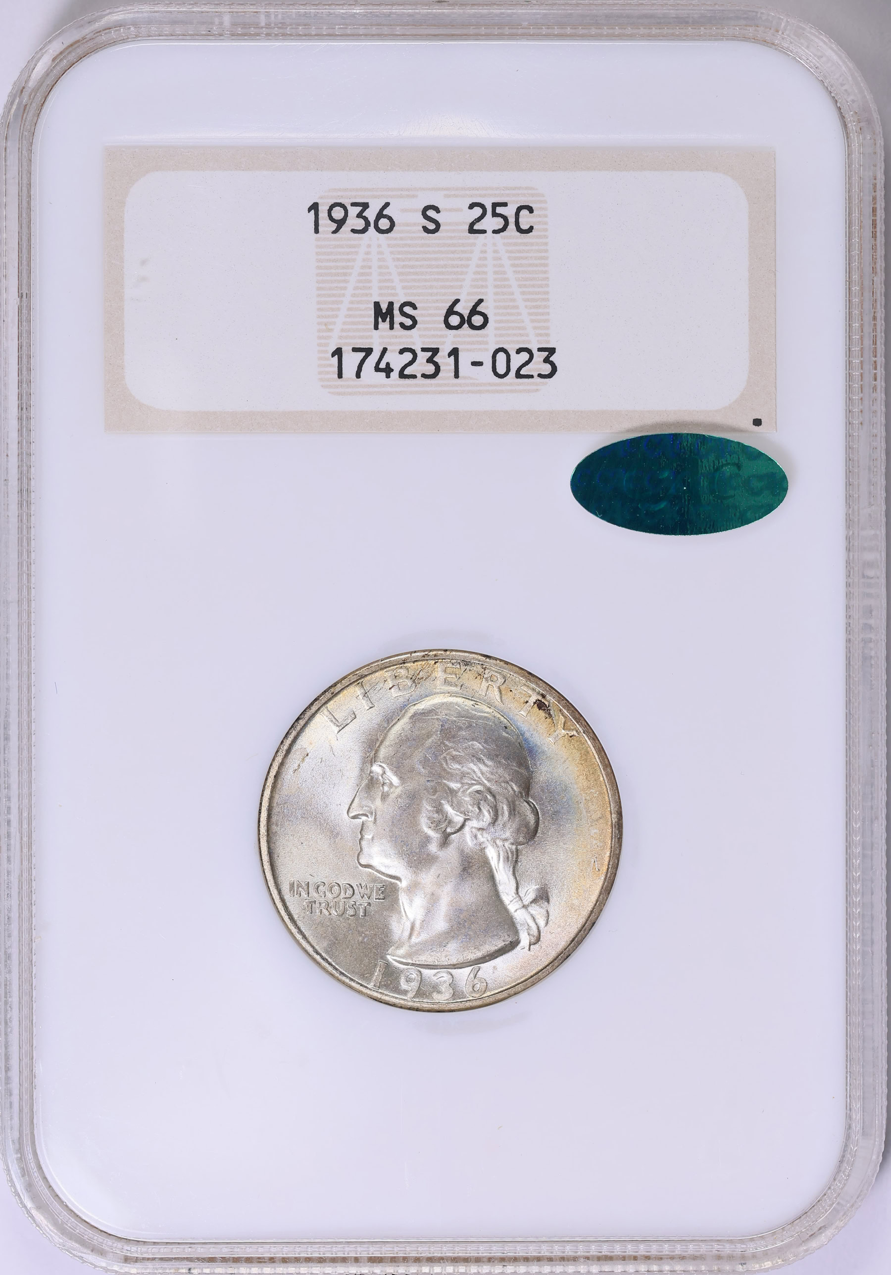 1936-S Washington Quarter NGC MS-66 (CAC Green) OH (Item 1784176) | GreatCollections Coin Auctions