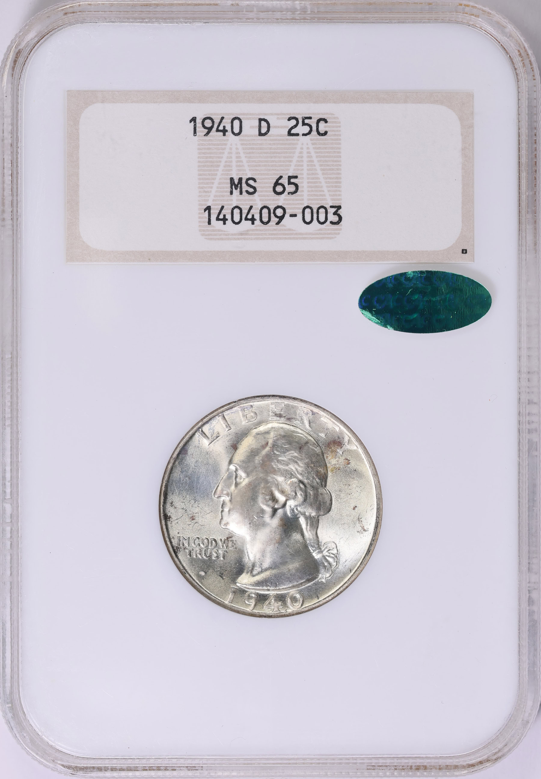 1940-D Washington Quarter NGC MS-65 (CAC Green) OH (Item 1784179) | GreatCollections Coin Auctions
