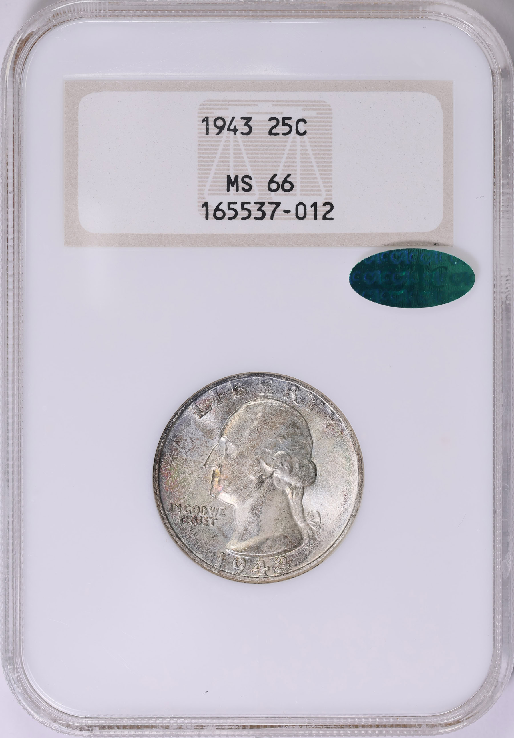 1943 Washington Quarter NGC MS-66 (CAC Green) OH (Toned) (Item 1784180) | GreatCollections Coin ...