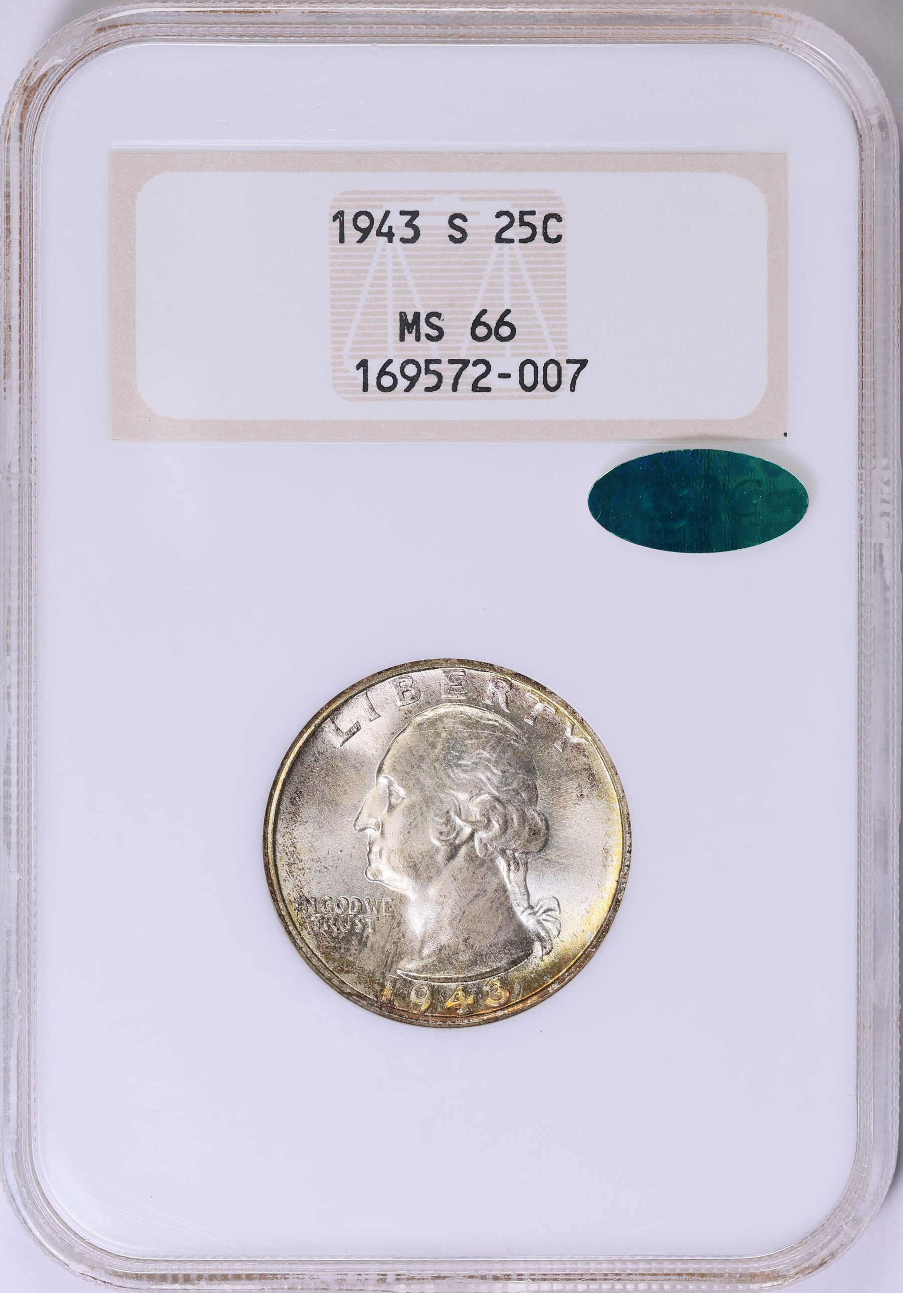 1943-S Washington Quarter NGC MS-66 (CAC Green) (Toned) OH (Item 1784182) | GreatCollections ...