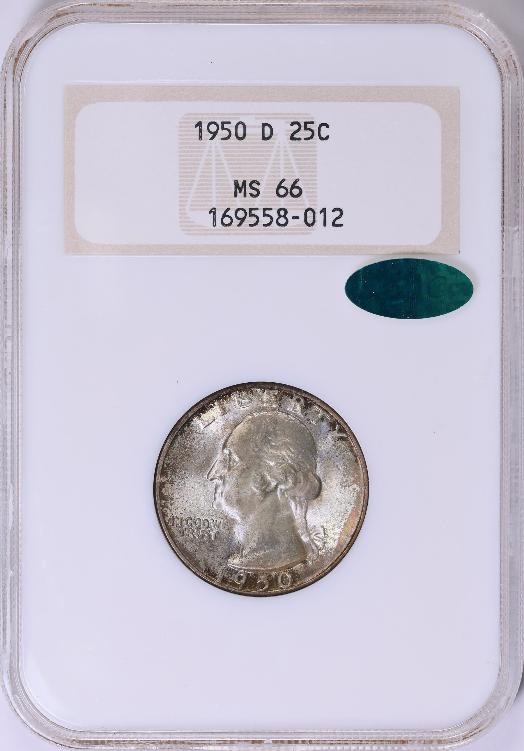 1950-D Washington Quarter NGC MS-66 (CAC Green) (Toned) OH (Item 1784187) | GreatCollections ...