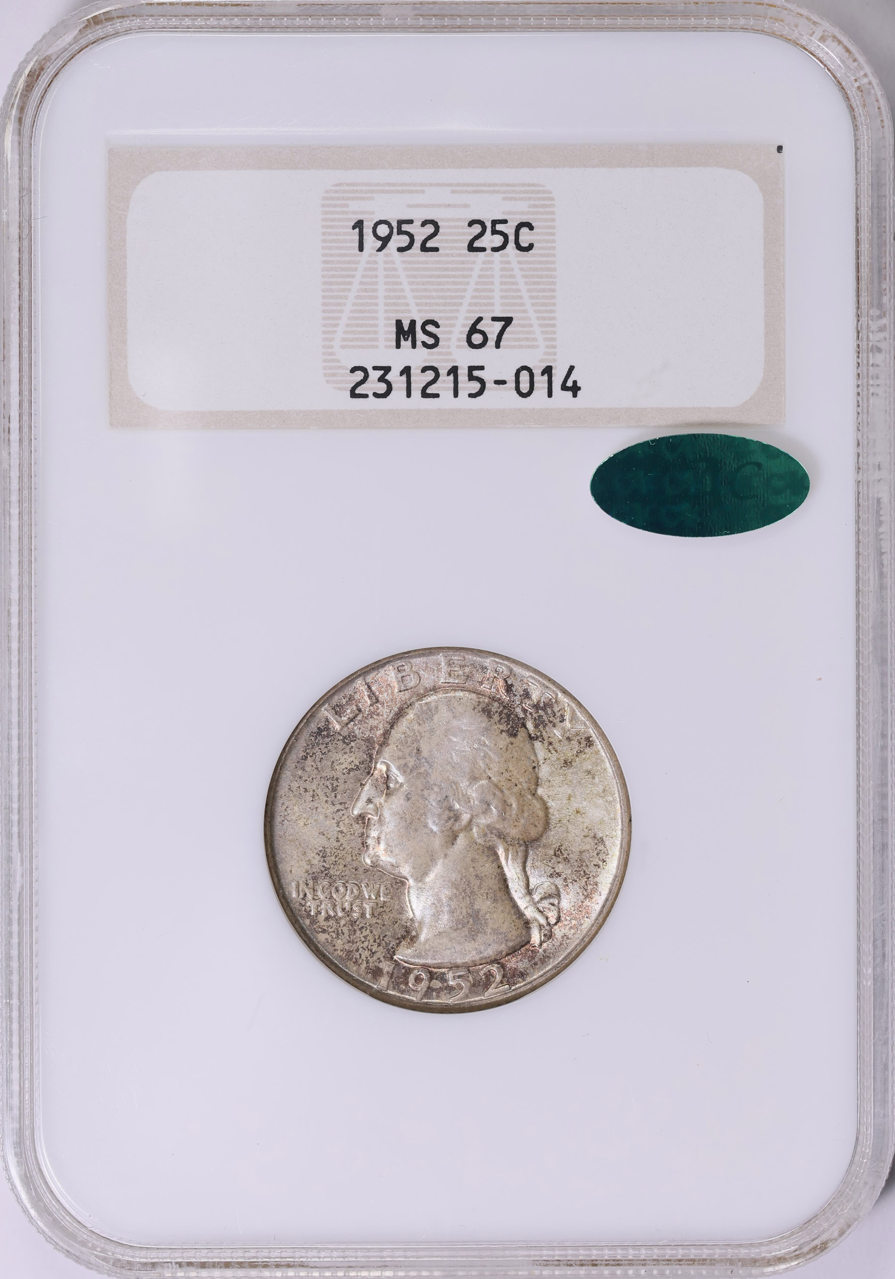 1952 Washington Quarter NGC MS-67 (CAC Green) (Toned) OH (Item 1784189 ...