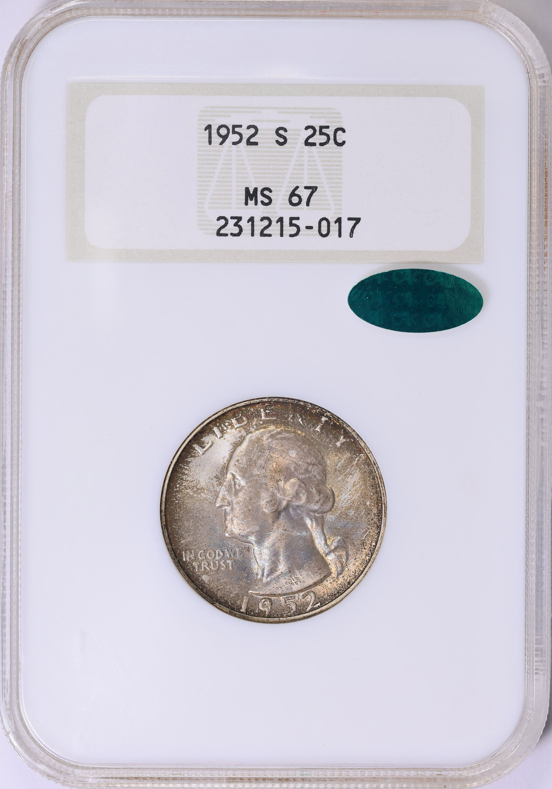 1952-S Washington Quarter NGC MS-67 (CAC Green) (Toned) OH (Item ...