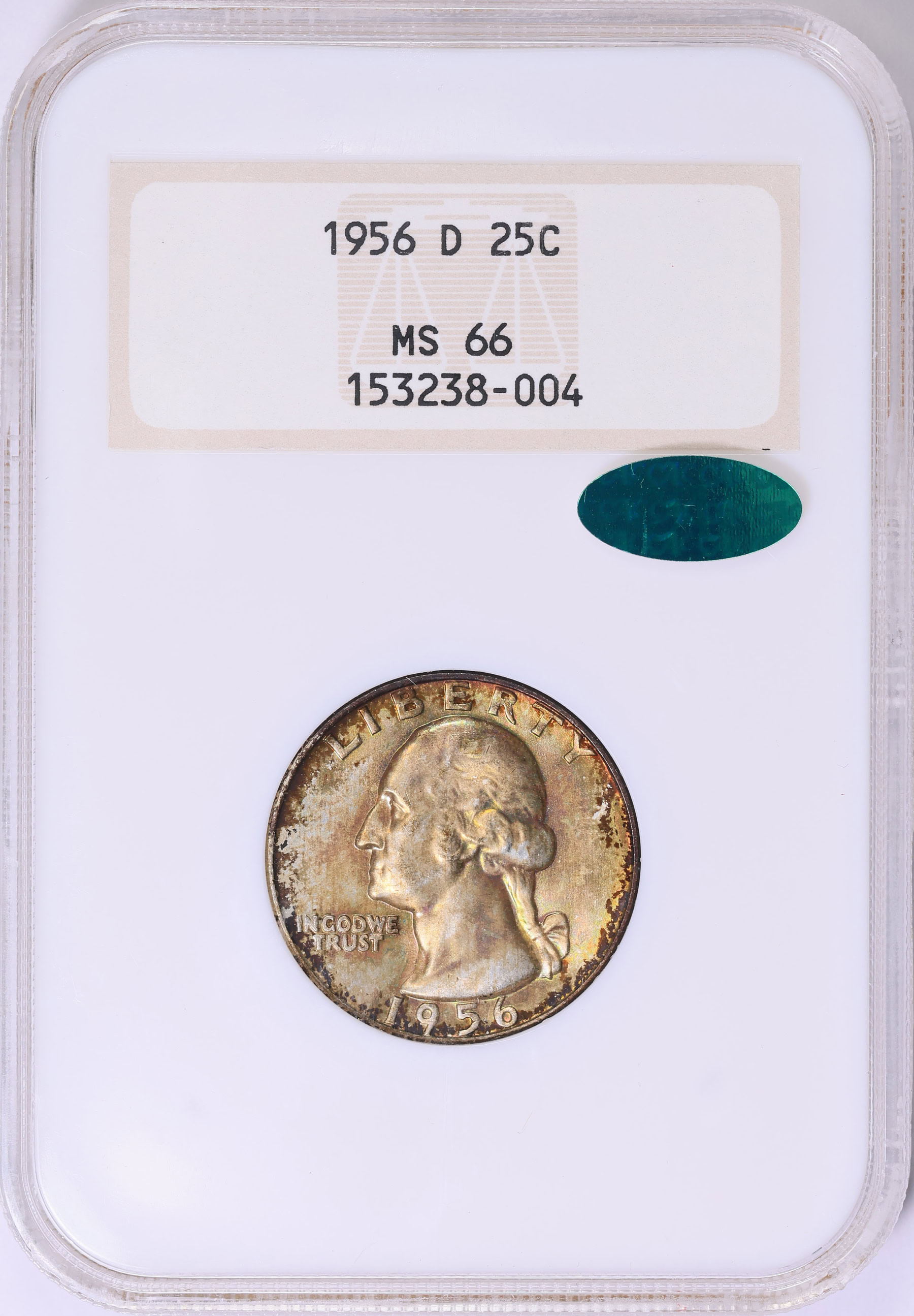 1956-D Washington Quarter NGC MS-66 (CAC Green) (Toned) OH (Item 1784198) | GreatCollections ...
