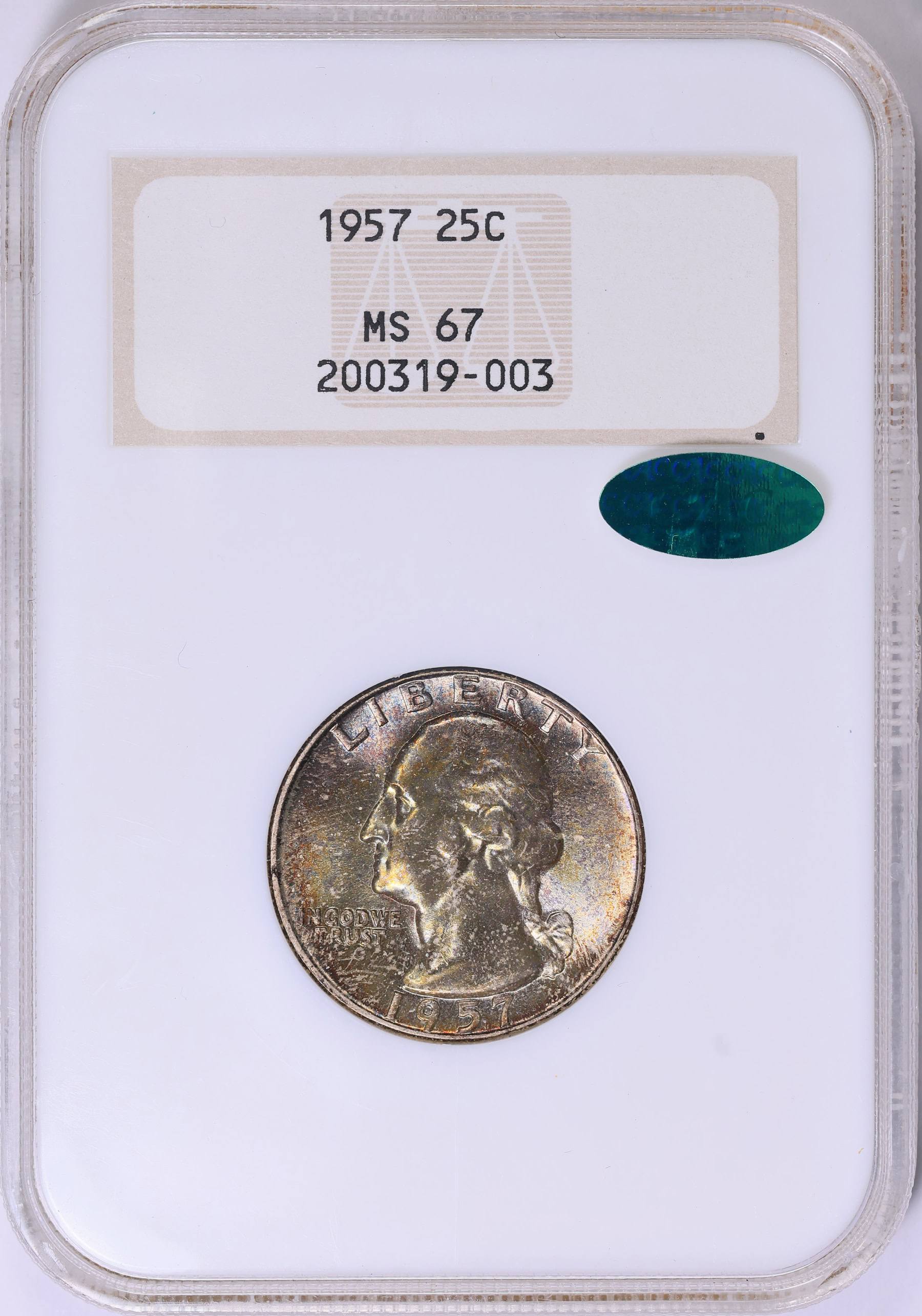 1957 Washington Quarter NGC MS-67 (CAC Green) (Toned) OH (Item 1784199) | GreatCollections Coin ...