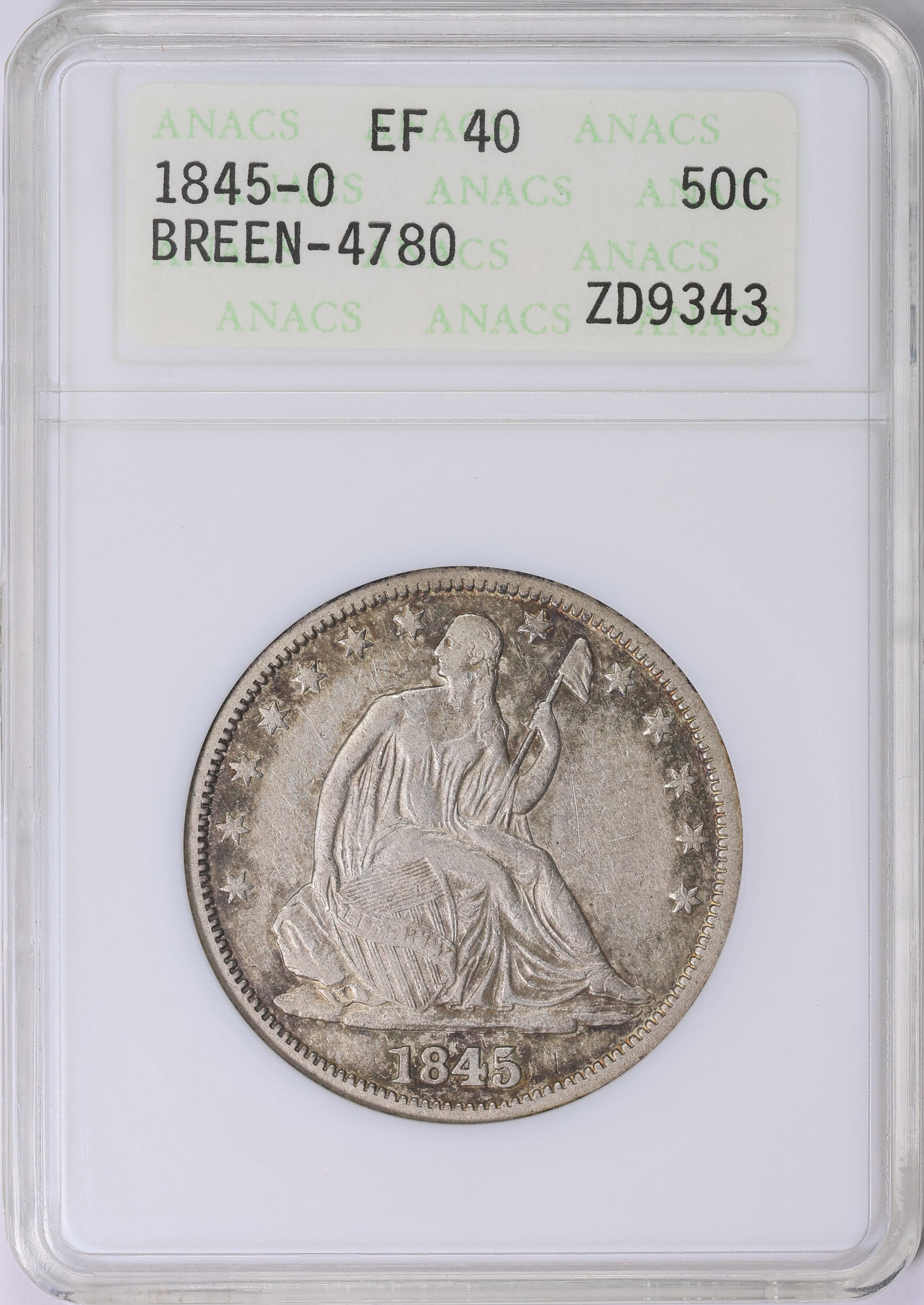 1845-O Seated Liberty Half Dollar Breen-4780 ANACS XF-40 OH (Toned) (Item 1784202 ...