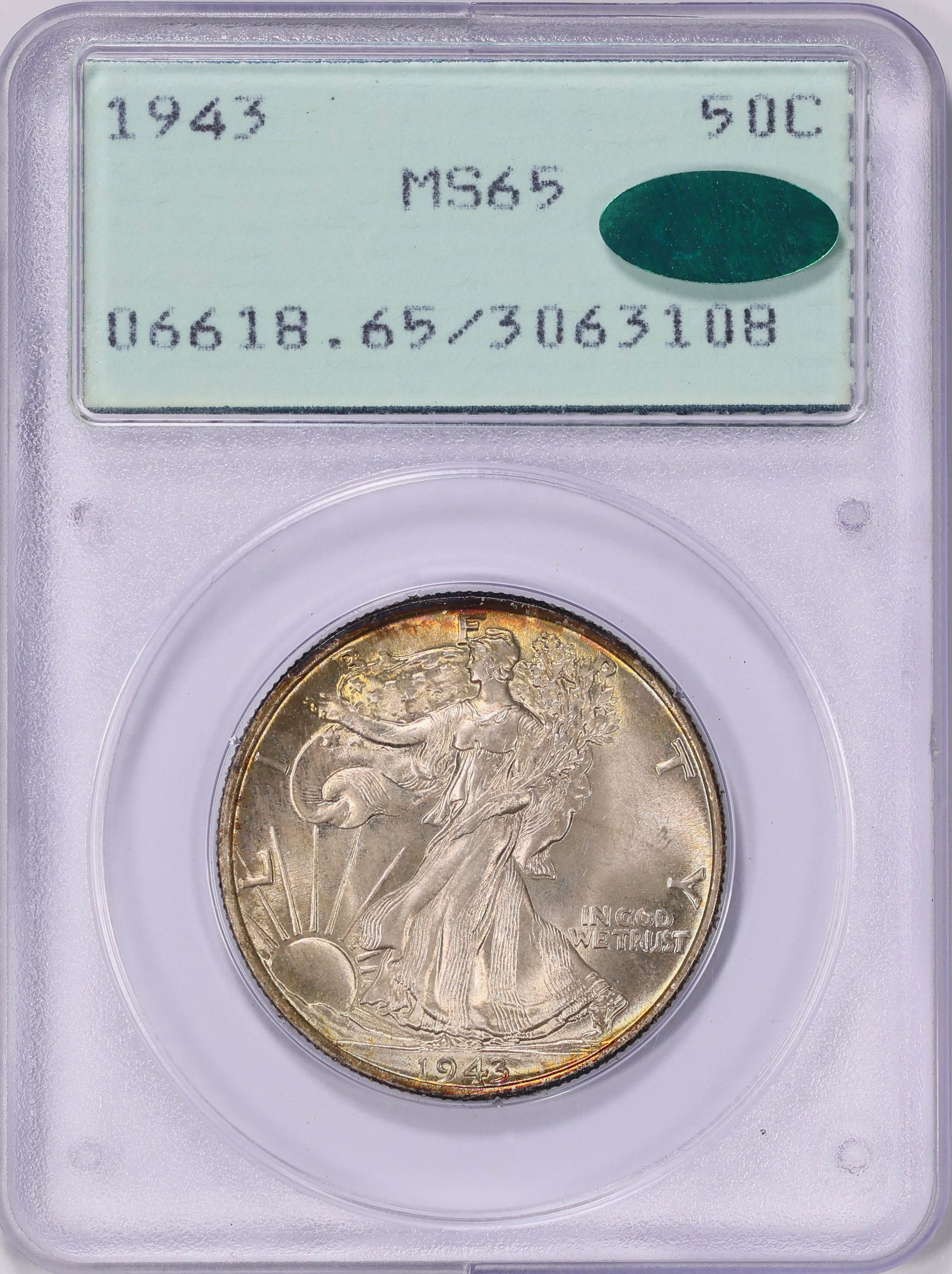 1943 Walking Liberty Half Dollar PCGS MS-65 (CAC Green) OGH (1st Gen) (Toned) (Item 1784248 ...