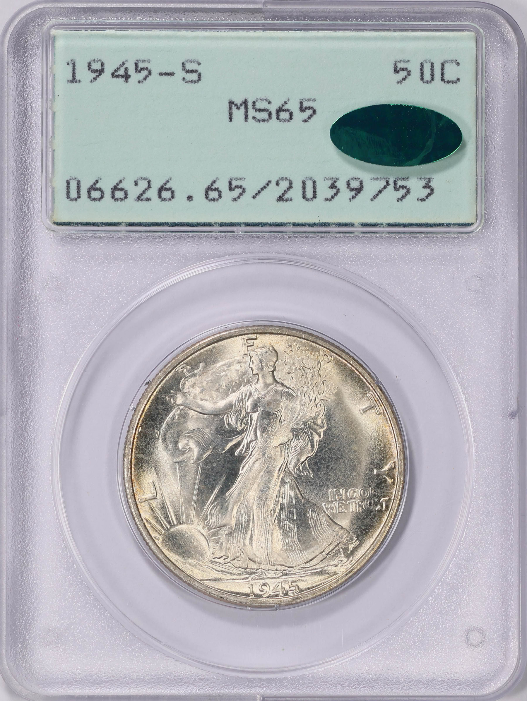 1945-S Walking Liberty Half Dollar PCGS MS-65 (CAC Green) OGH (1st Gen) (Item 1784255 ...