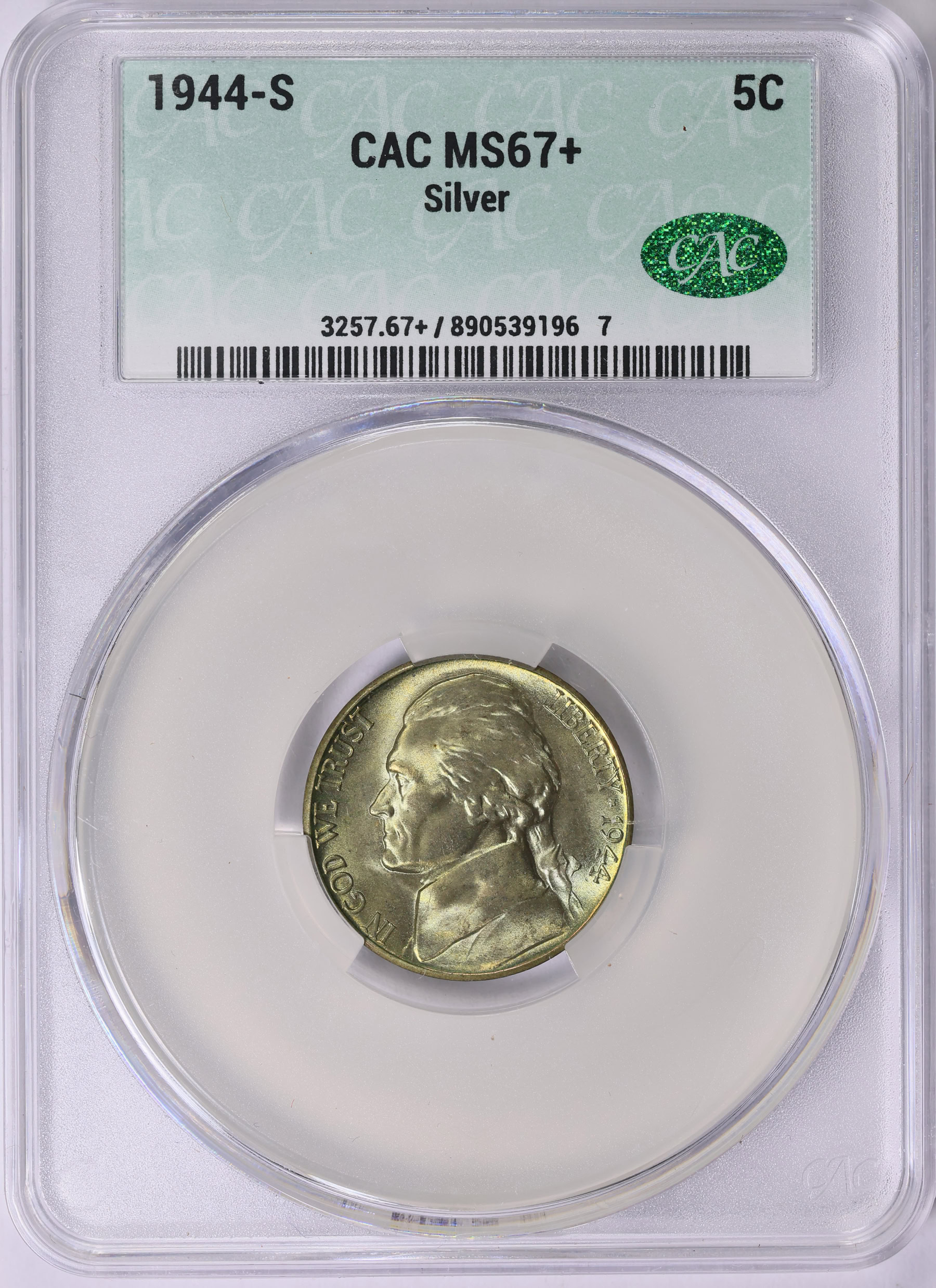 1944-S Jefferson Nickel CACG MS-67+ (Toned) (Item 1784298) | GreatCollections Coin Auctions