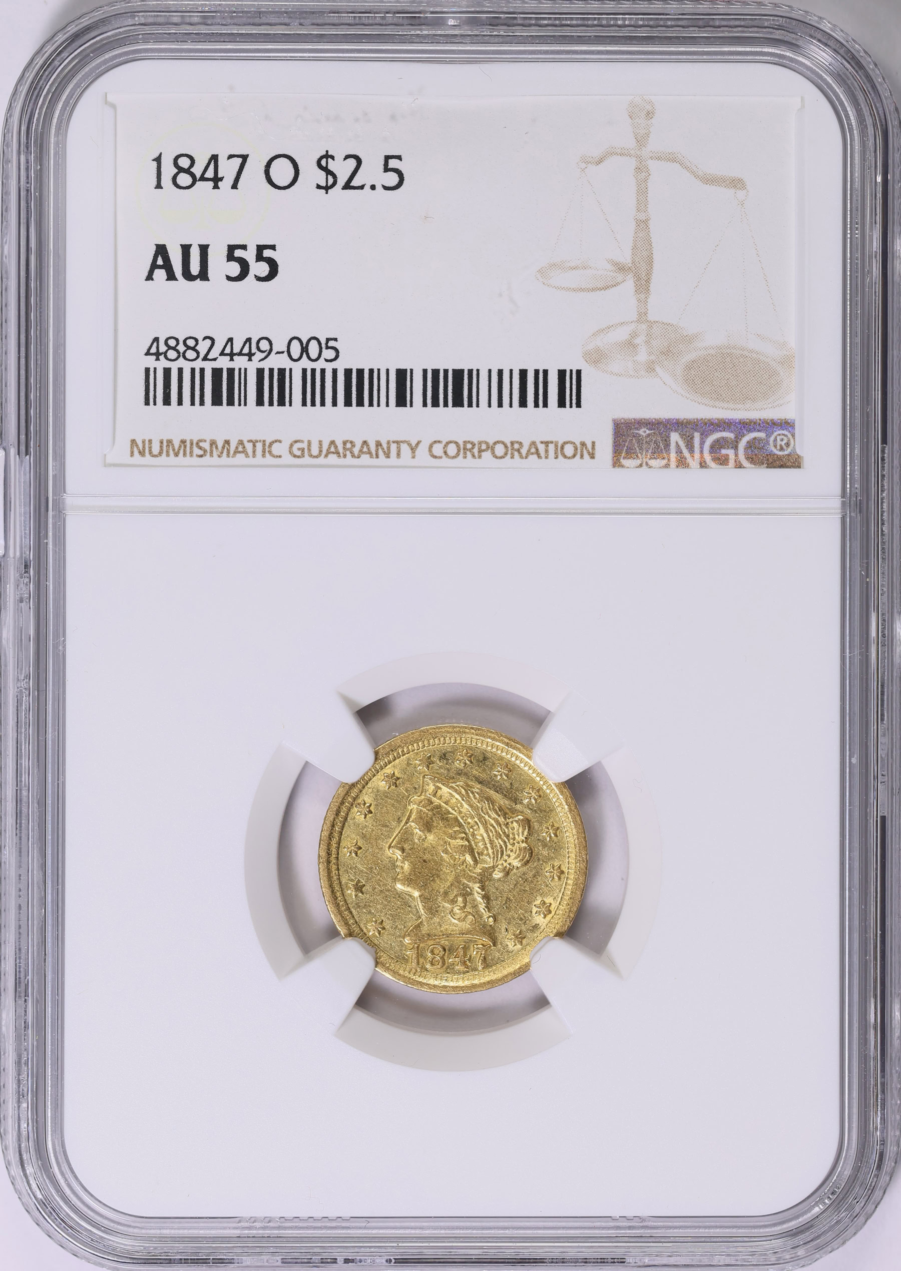 1847-O Liberty Gold Quarter Eagle NGC AU-55 (Item 1784312) | GreatCollections Coin Auctions