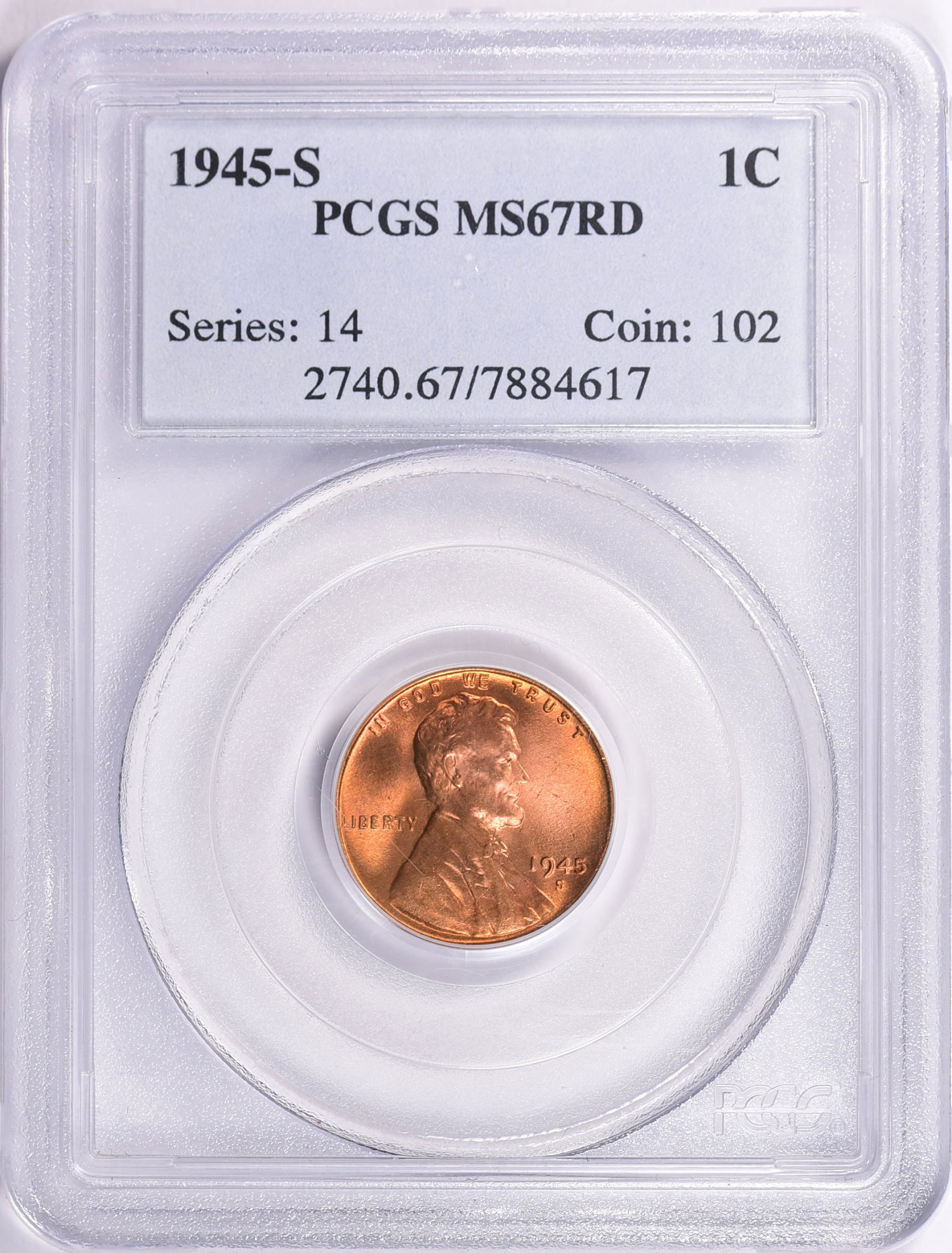 1945-S Lincoln Cent PCGS MS-67 RD (Item 1784401) | GreatCollections Coin Auctions