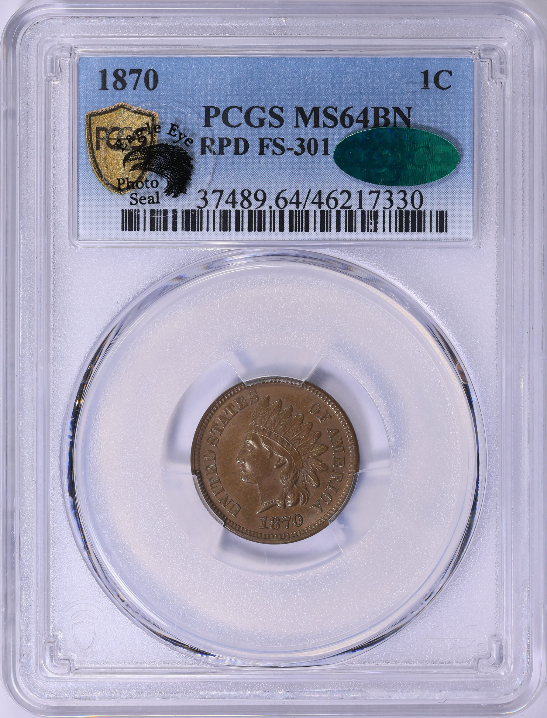 1870 Indian Cent Repunched Date FS-301 PCGS MS-64 BN (CAC Green) (Eagle Eye Seal) (Item 1784460 ...