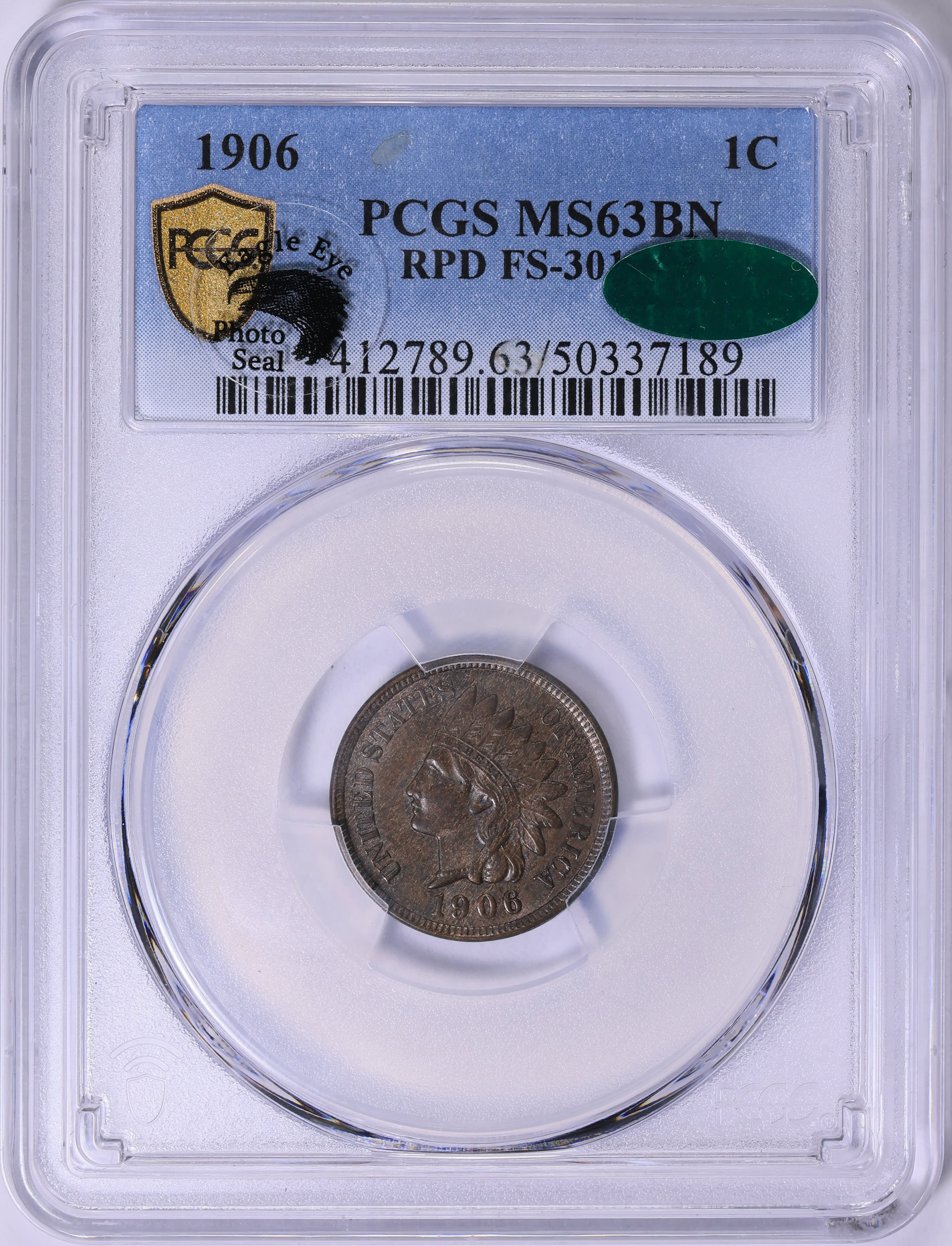 1906 Indian Cent Repunched Date FS-301 S-7 PCGS MS-63 BN (CAC Green) (Eagle Eye Seal) (Item ...