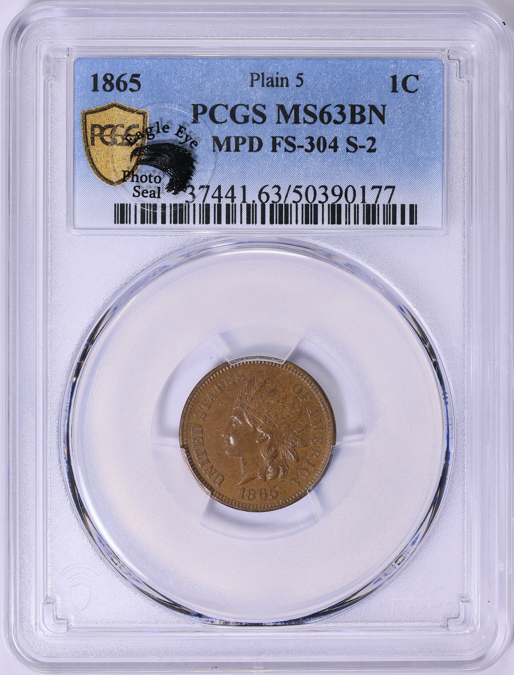 1865 Indian Cent Plain 5, MPD FS-304 S-2 PCGS MS-63 BN (Eagle Eye Seal) (Item 1784468 ...