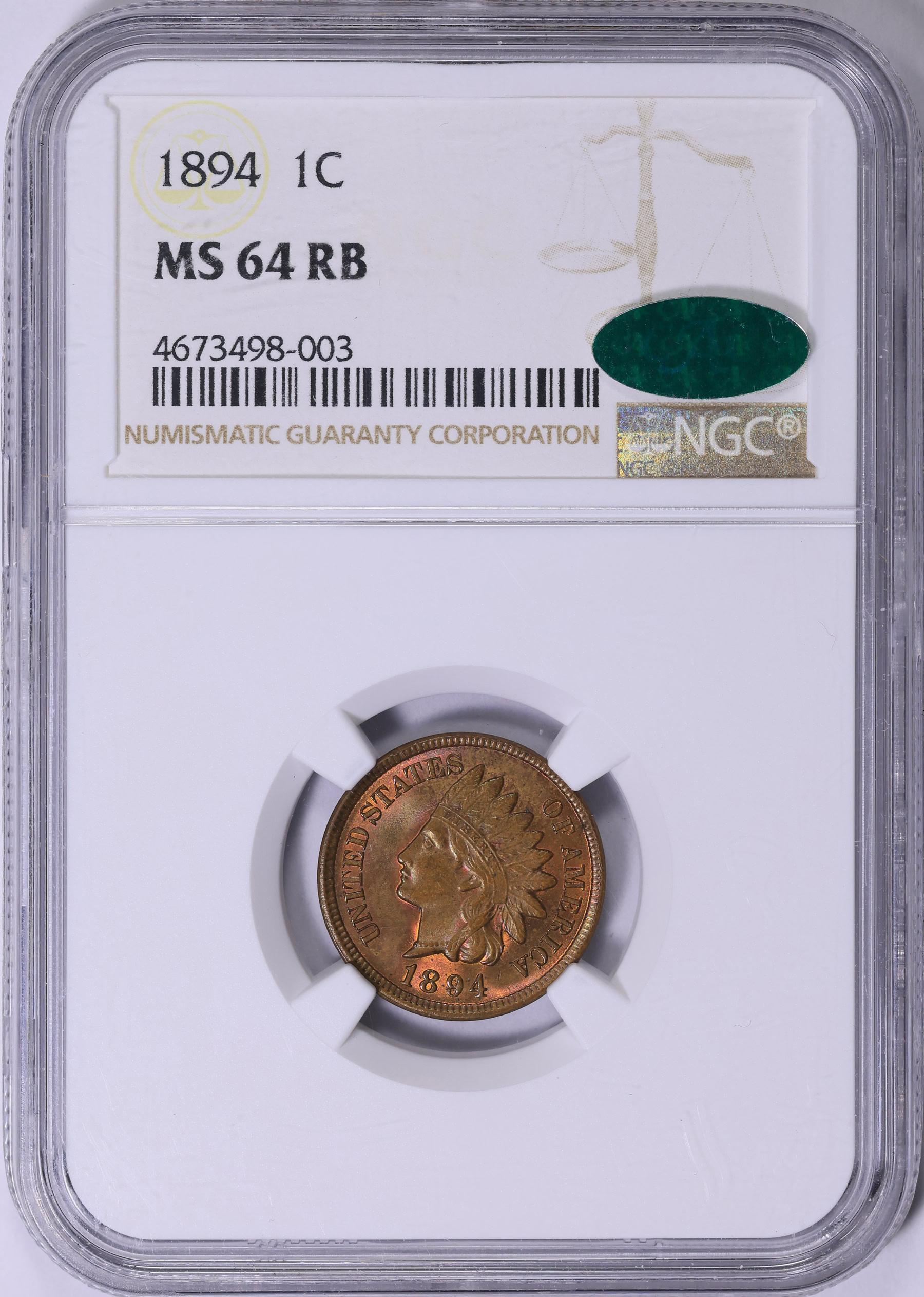 1894 Indian Cent NGC MS-64 RB (CAC Green) (Item 1784472) | GreatCollections Coin Auctions