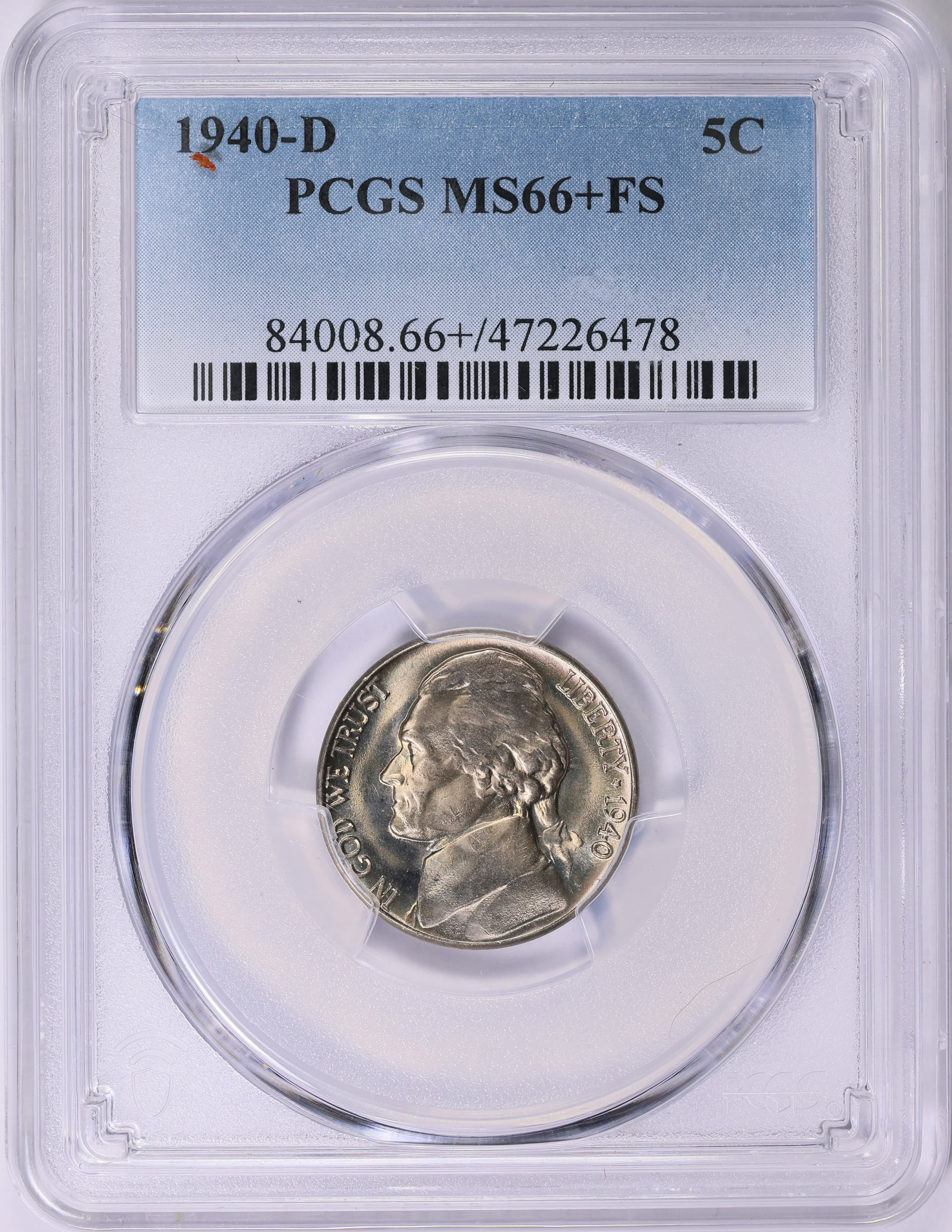 1940-D Jefferson Nickel PCGS MS-66+ FS (Toned) (Item 1784532) | GreatCollections Coin Auctions