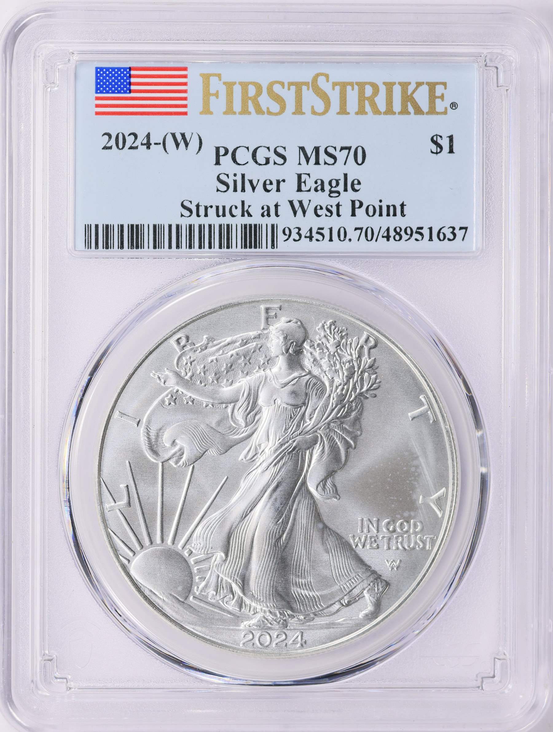 2024-(W) $1 Silver Eagle Struck at West Point First Strike PCGS MS-70 | PCGS Cert #48951637 ...