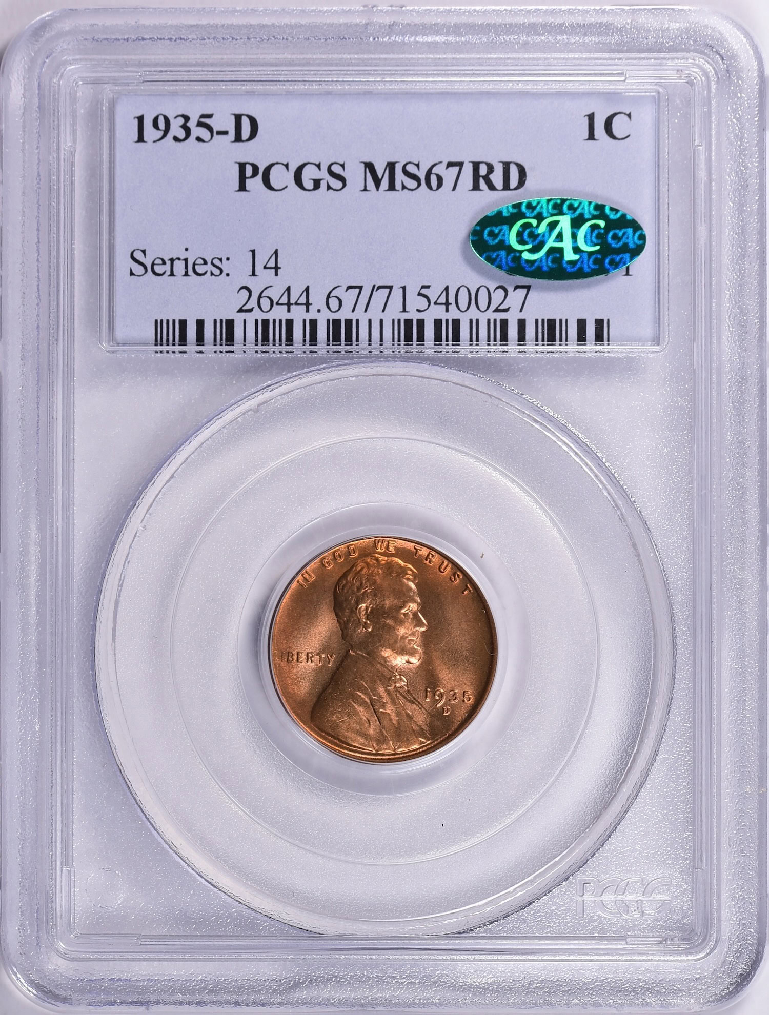 1935-D Lincoln Cent PCGS MS-67 RD (CAC Green) (Item 1784579) | GreatCollections Coin Auctions