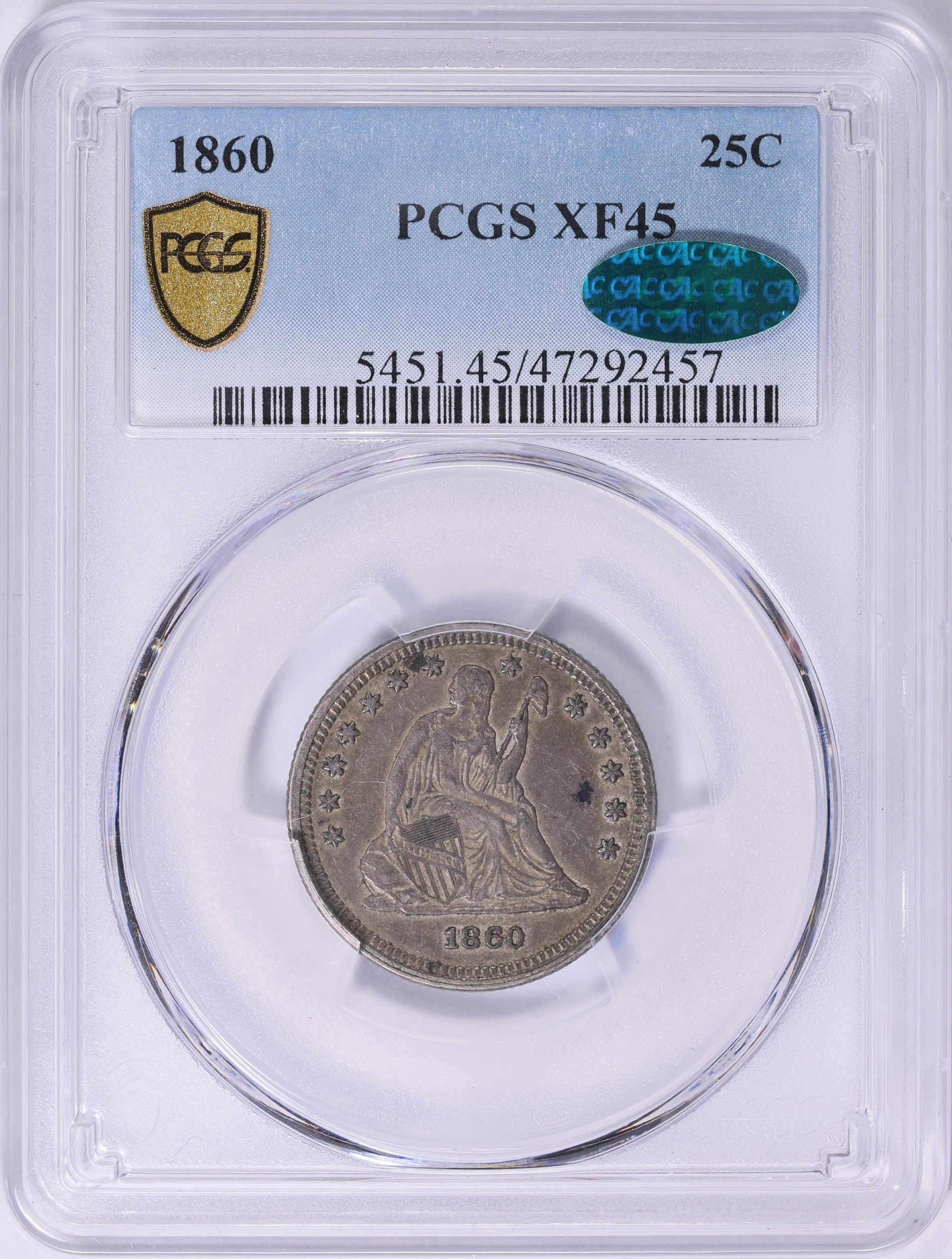 1860 Seated Liberty Quarter PCGS XF-45 (CAC Green) (Item 1784771) | GreatCollections Coin Auctions