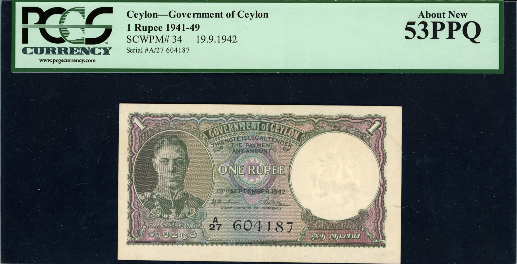 Ceylon 1942 1 Rupee Government of Ceylon Note SCWPM-34 PCGS Currency ...