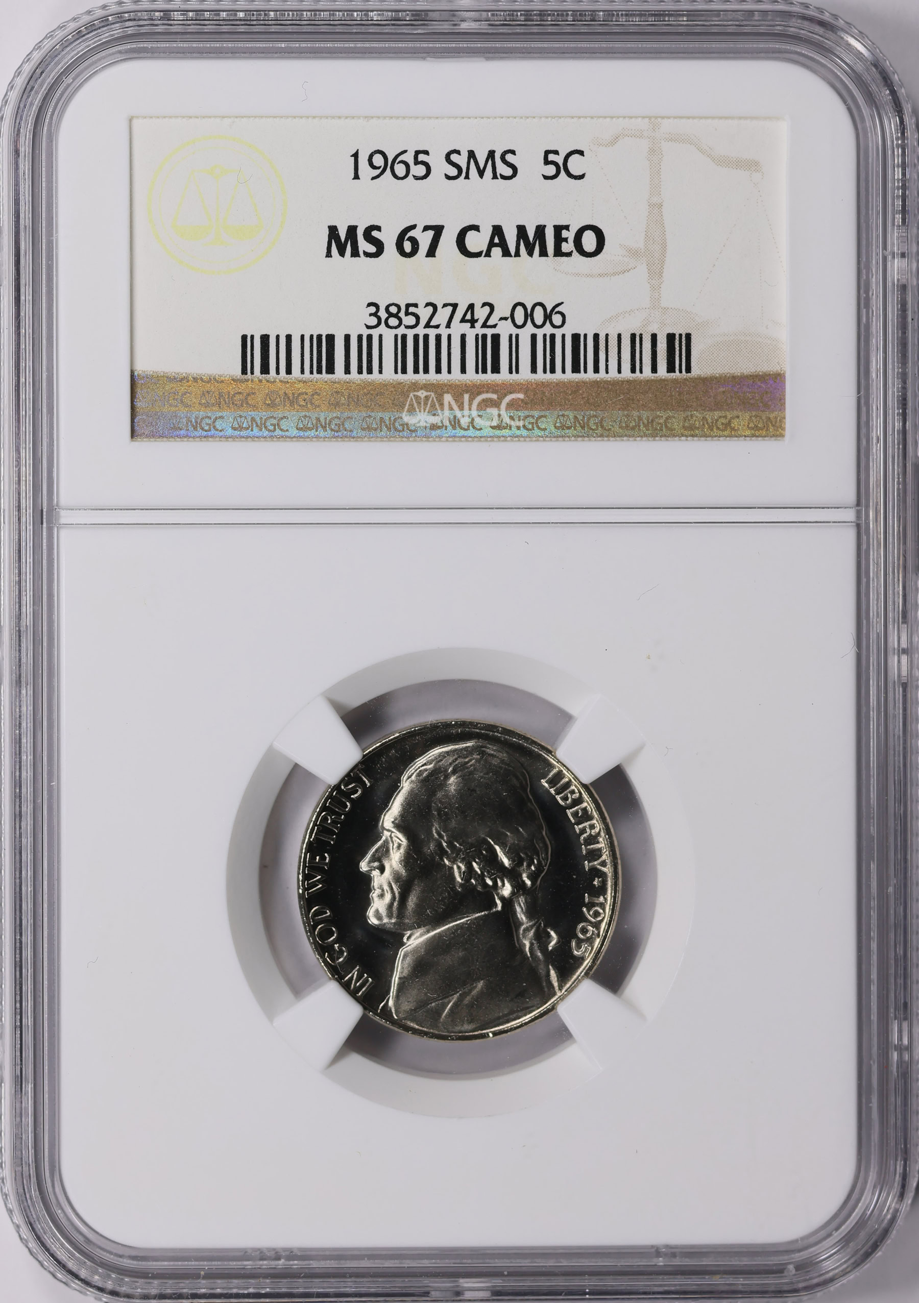 1965 Jefferson Nickel SMS NGC MS-67 CAMEO (Item 1784887) | GreatCollections Coin Auctions