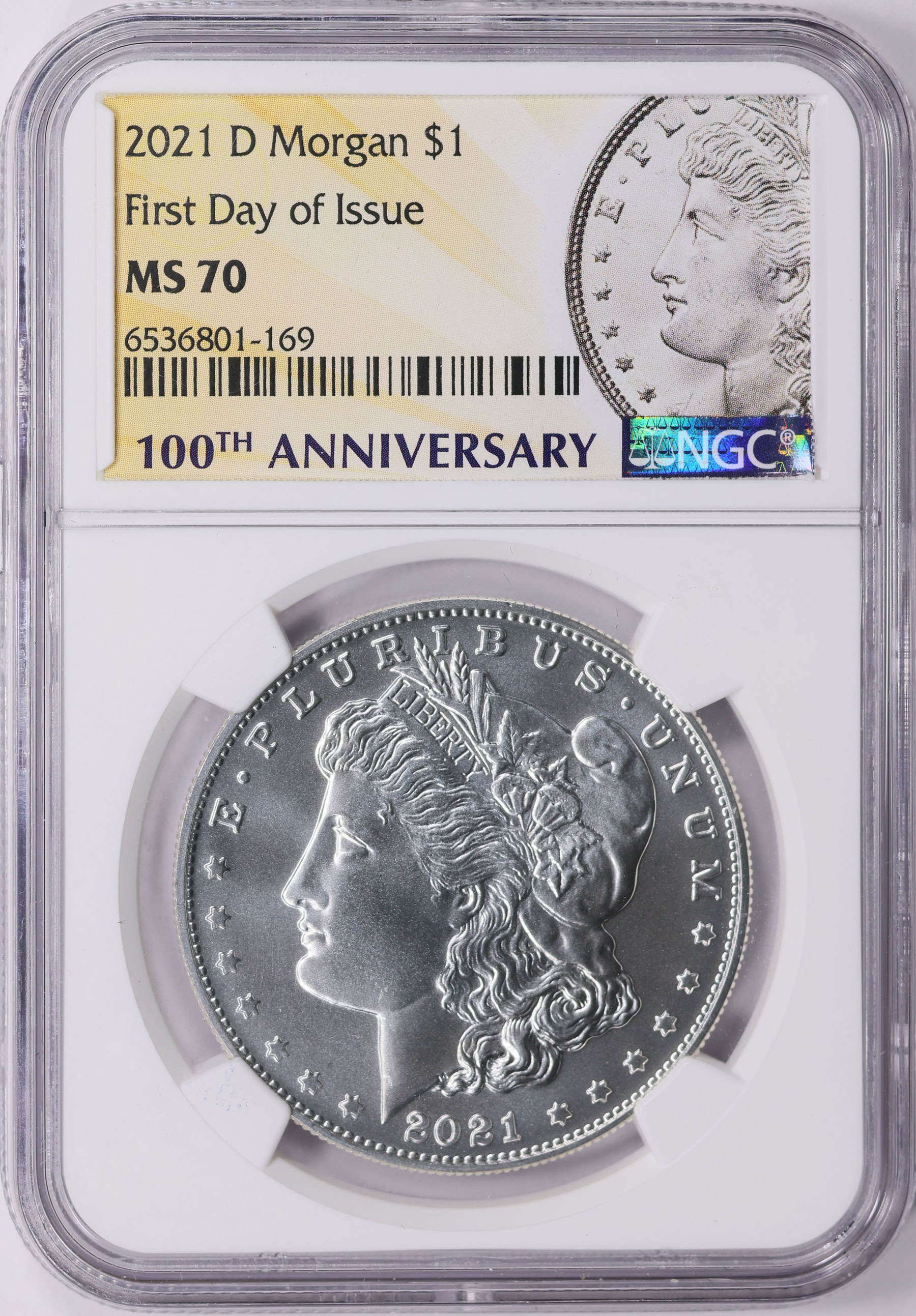 2021-D Morgan Silver Dollar D Privy 100th Anniversary First Day of Issue NGC MS-70 (Item 1784955 ...
