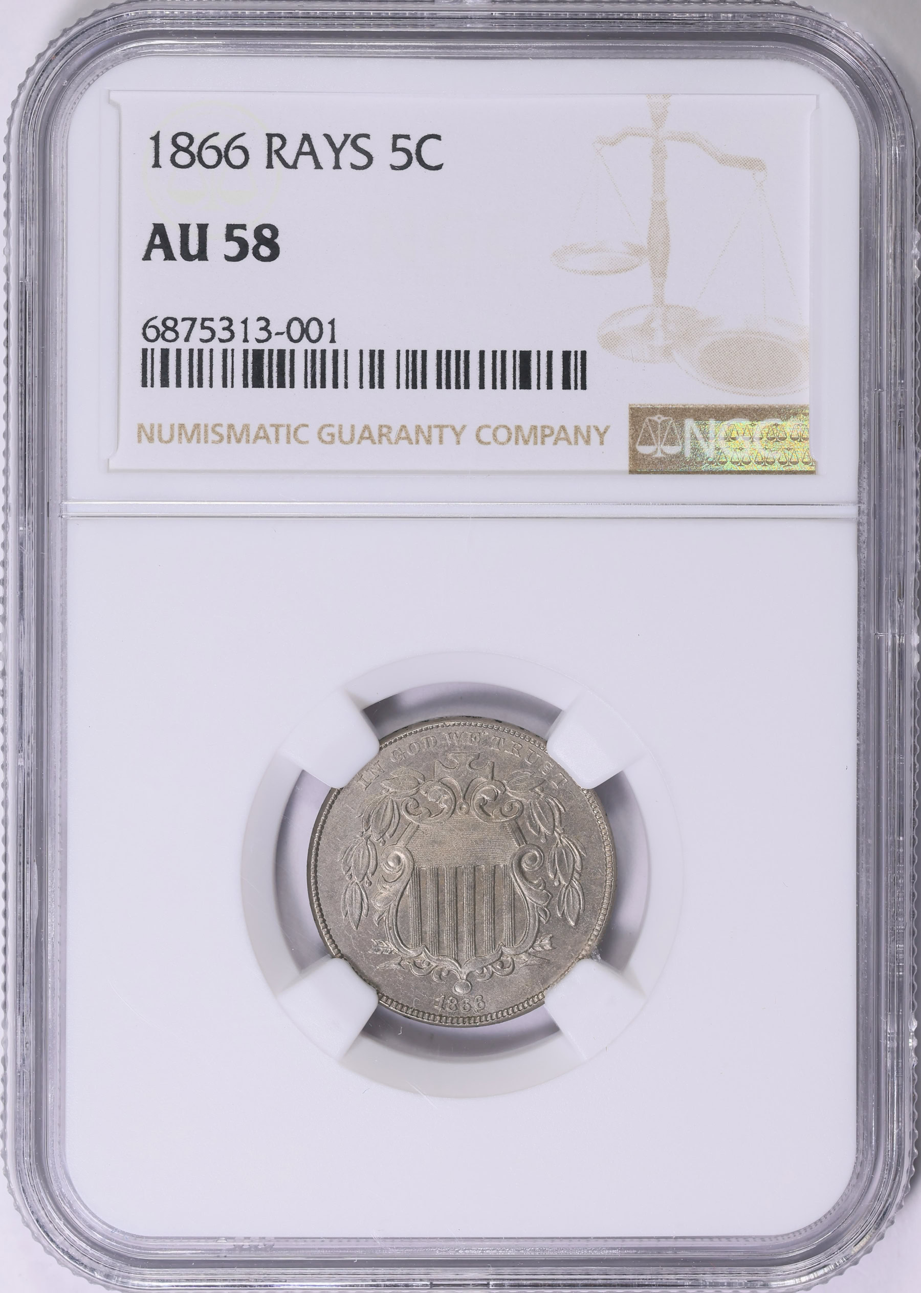 1866 Shield Nickel Rays NGC AU-58 (Item 1784960) | GreatCollections Coin Auctions