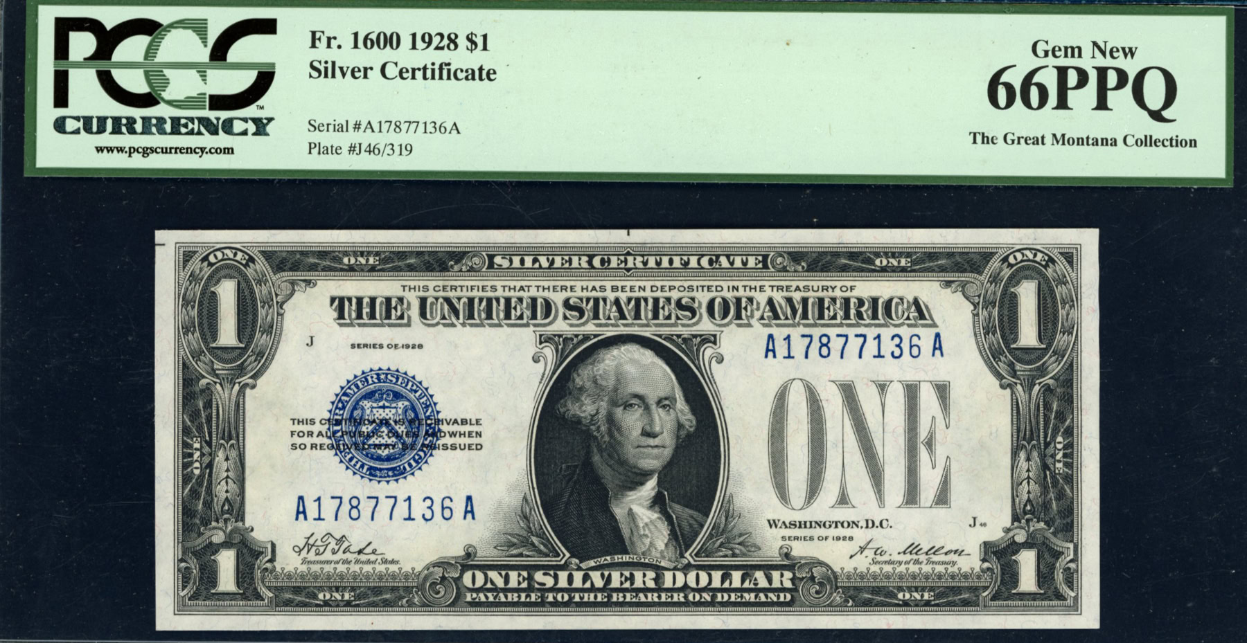 Fr. 1600 (AA Block) 1928 $1 Silver Certificate Note Tate / Mellon PCGS ...