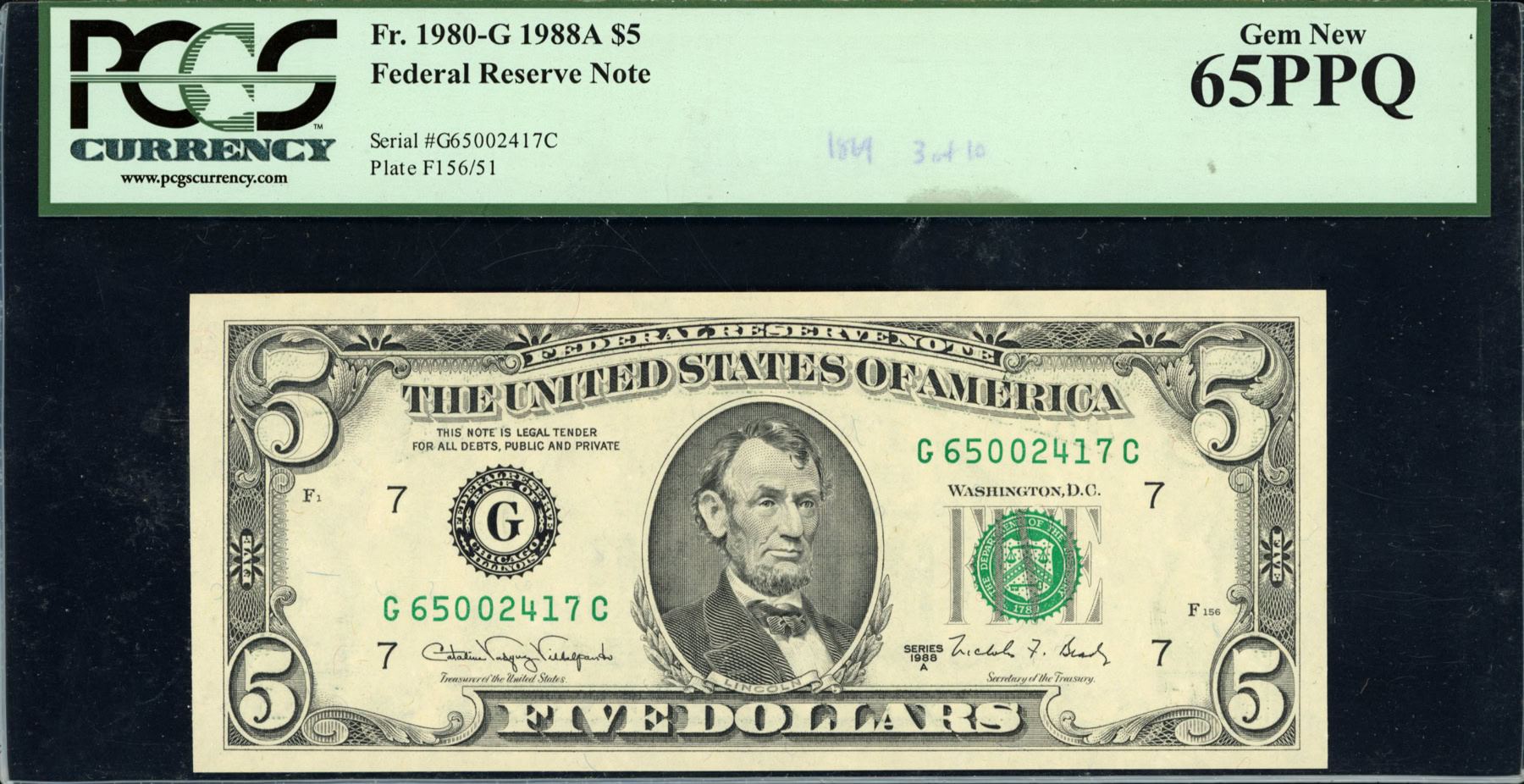 Fr. 1980-G (GC Block) 1988A $5 Chicago Federal Reserve Note Villalpando ...
