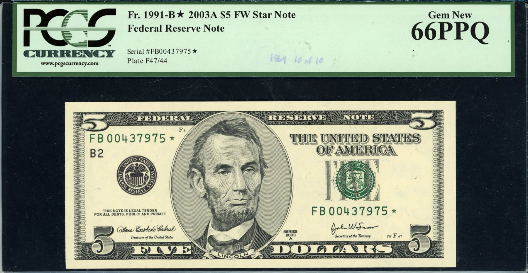 Fr. 1991-B* (FB* Block) 2003A $5 New York Federal Reserve Star Note ...