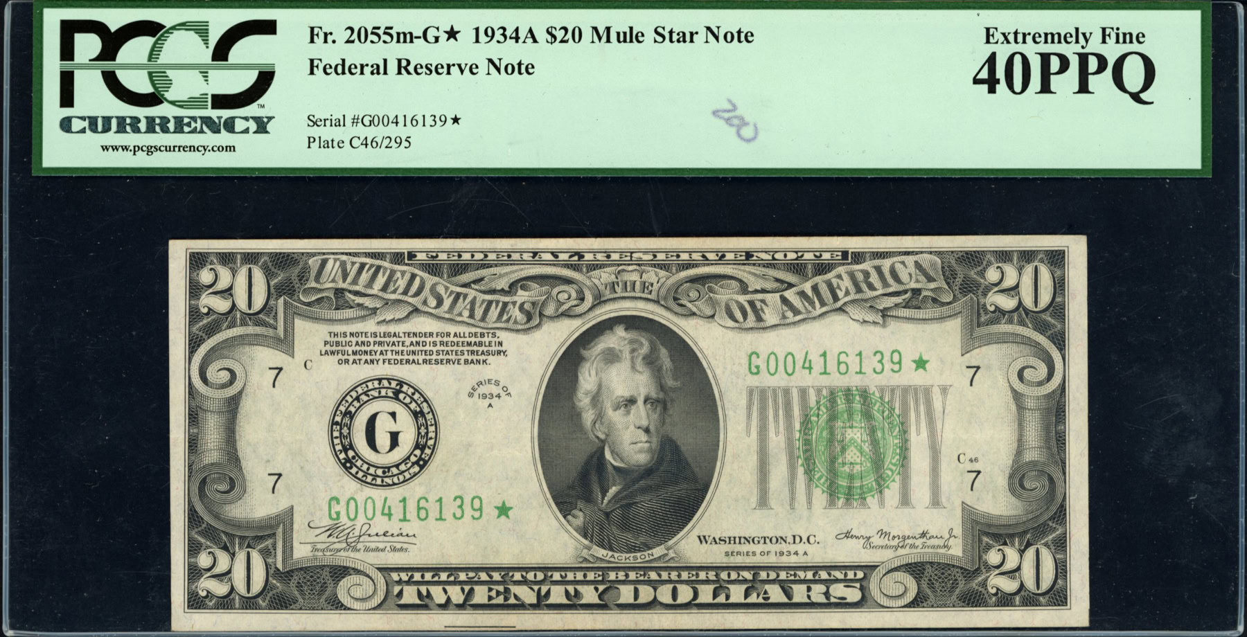 Fr. 2055-Gm* (G* Block) 1934A $20 Chicago Federal Reserve Mule Star ...