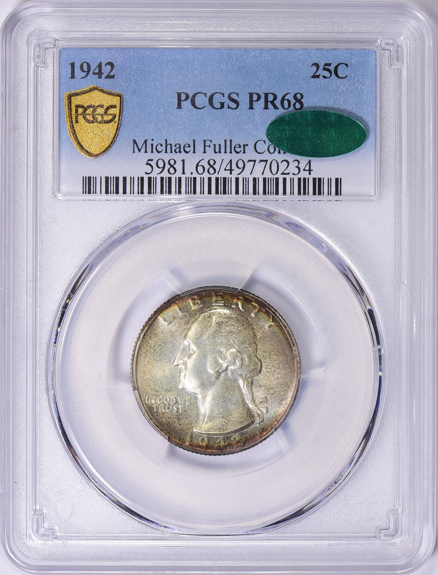 1942 Washington Quarter PCGS Proof-68 (CAC Green) (Toned) (Michael Fuller Collection) (Item ...