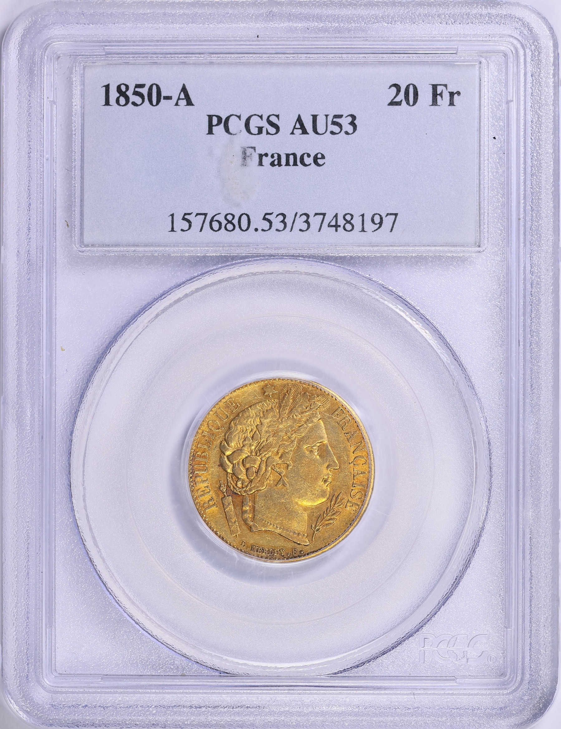 France 1850-A Gold 20 Francs KM-762 PCGS AU-53 (AGW = 0.1867 oz.) (Item 1785198 ...