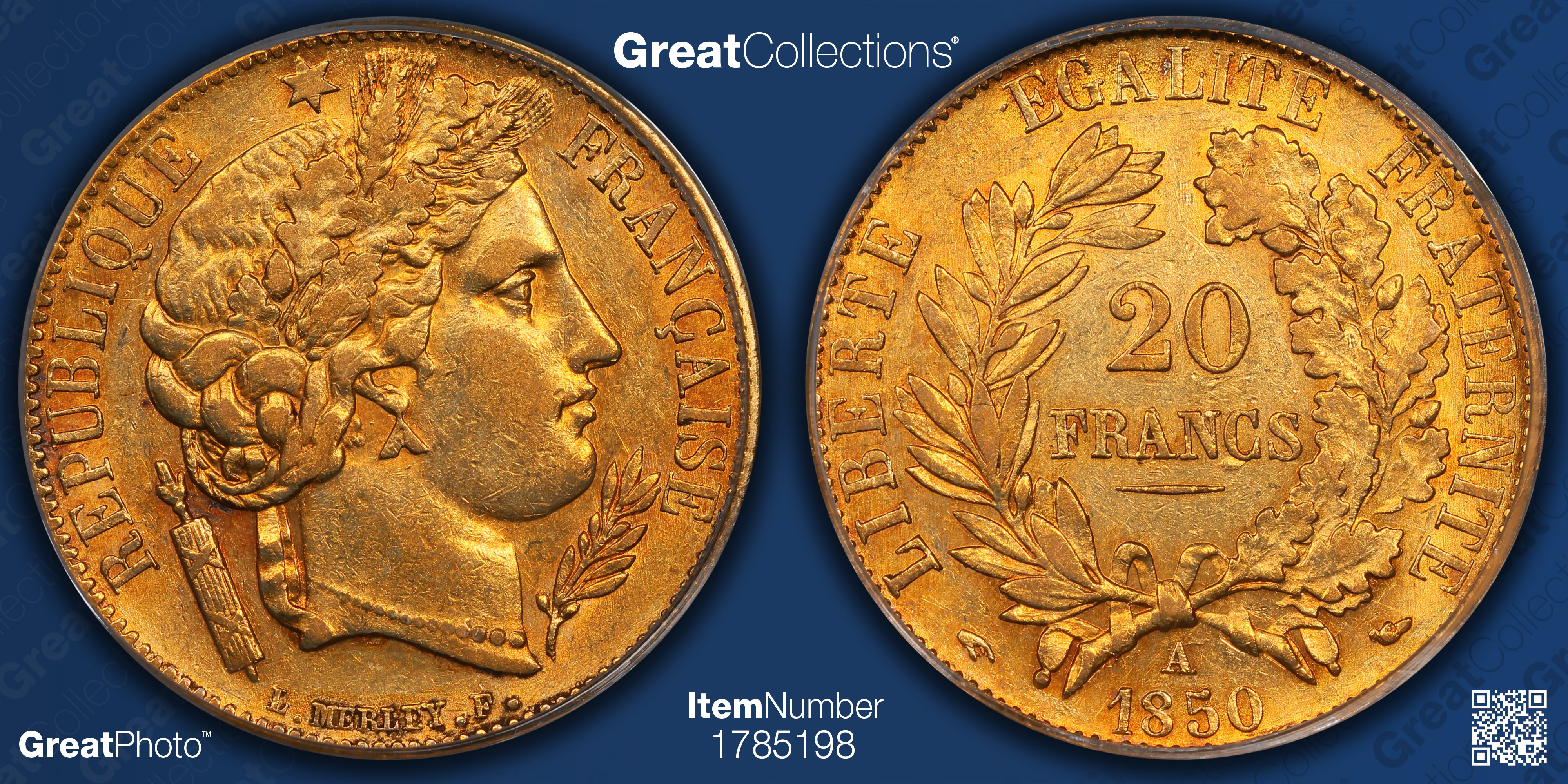 France 1850-A Gold 20 Francs KM-762 PCGS AU-53 (AGW = 0.1867 oz.) (Item ...