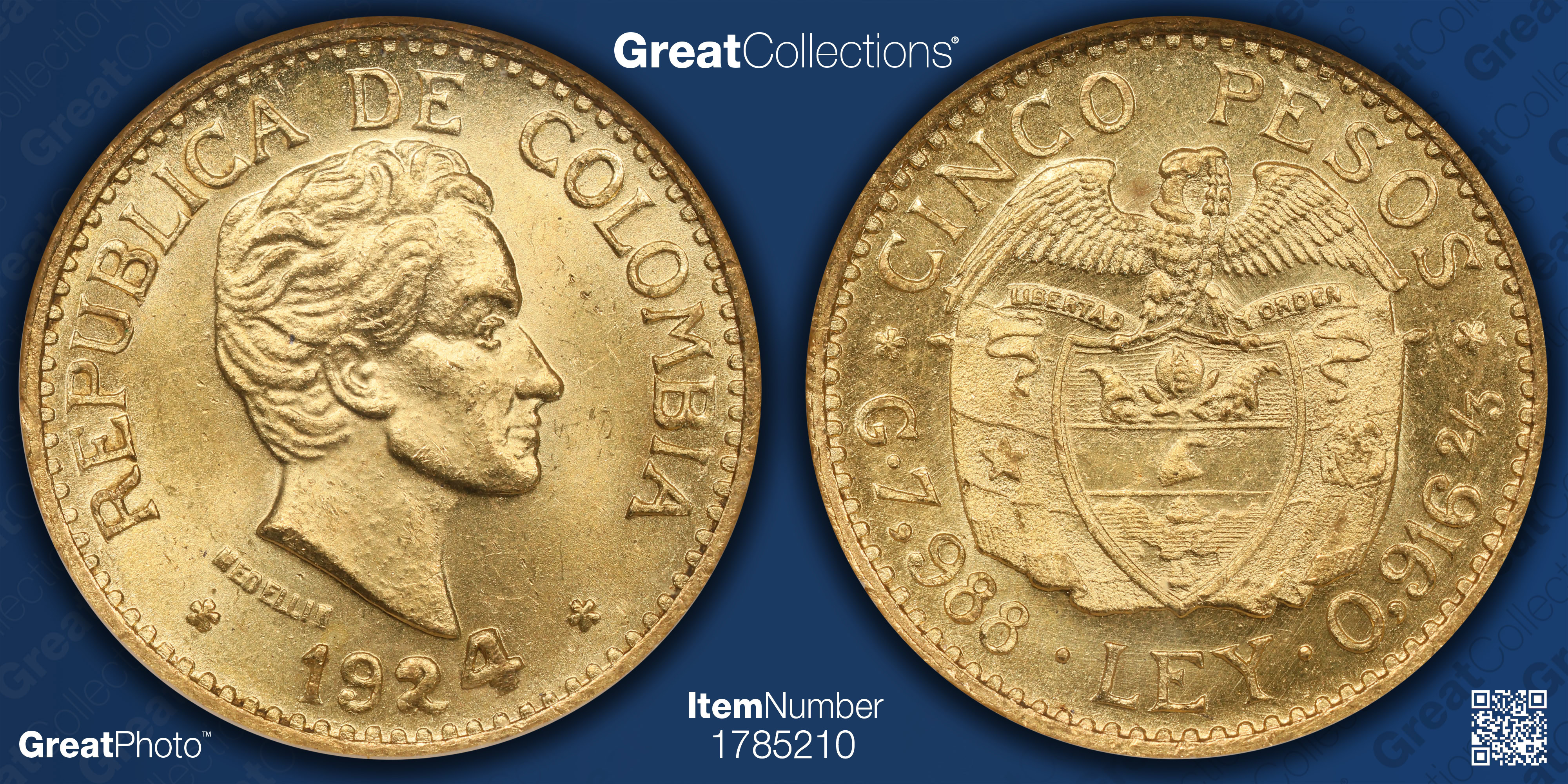 Colombia 1924 Gold 5 Pesos Large 4 KM-204 NGC MS-64 (AGW = 0.2355 oz ...