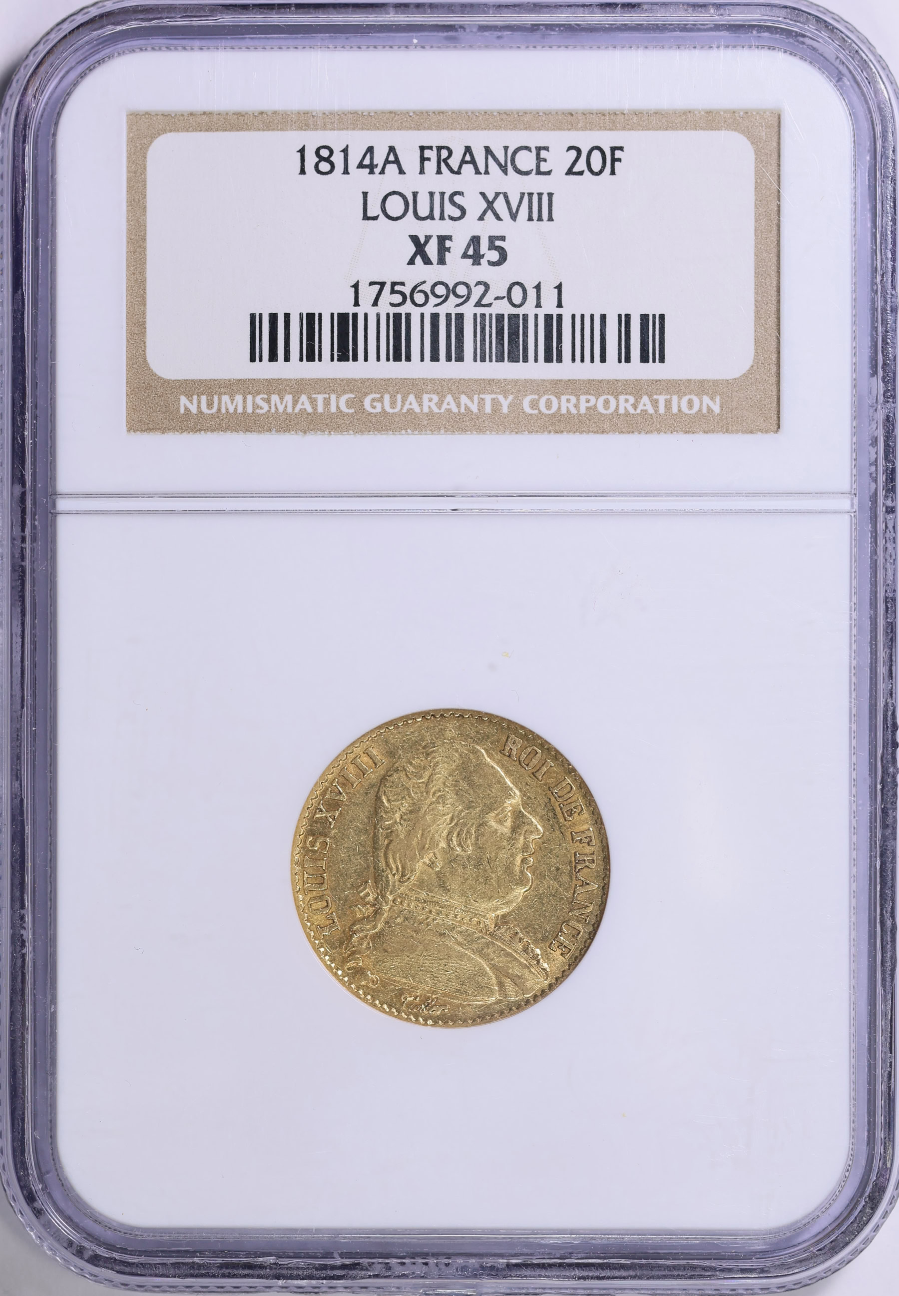France 1814-A Gold 20 Francs Louis XVIII KM-706.1 NGC XF-45 (AGW = 0.1867 oz.) (Item 1785213 ...