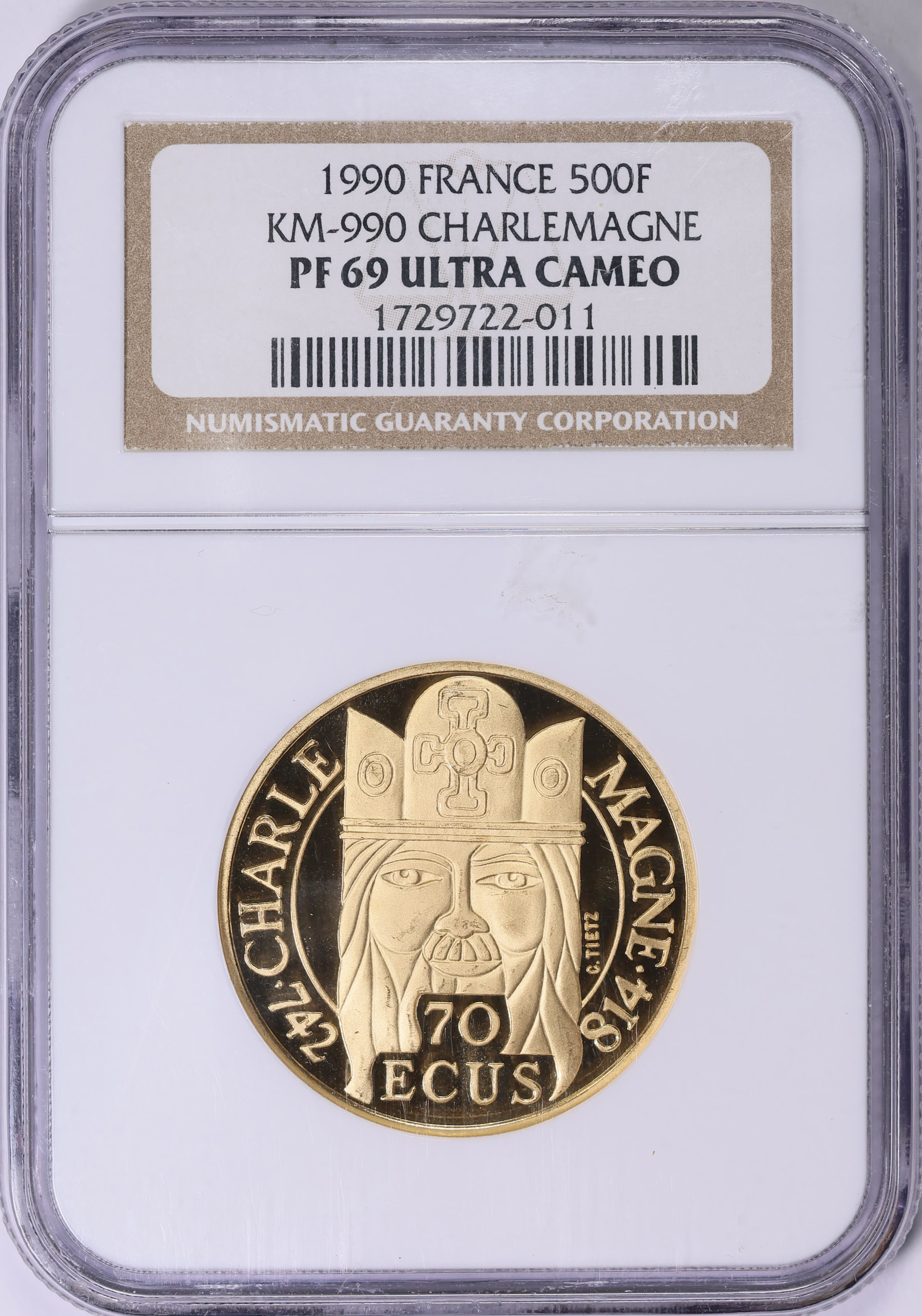 France 1990 Gold 500 Francs Charlemagne KM-990 NGC Proof-69 UC (AGW = 0 ...