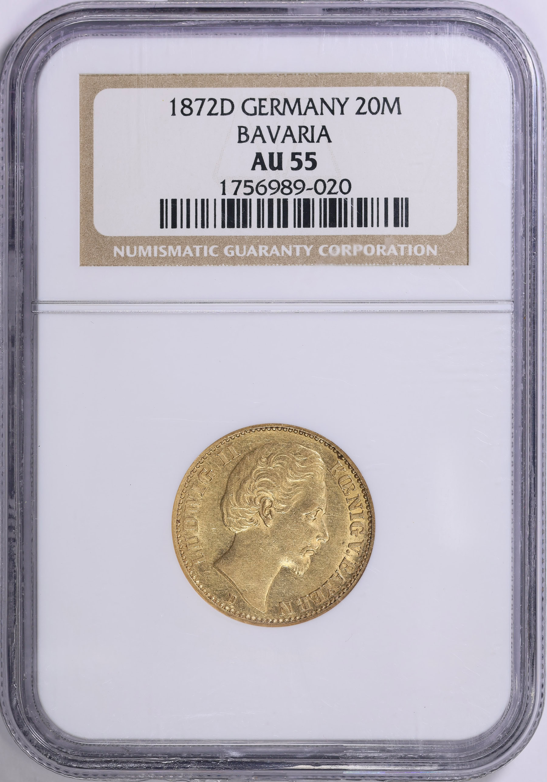 Germany - Bavaria 1872-D Gold 20 Marks KM-894 NGC AU-55 (AGW = 0.2305 ...